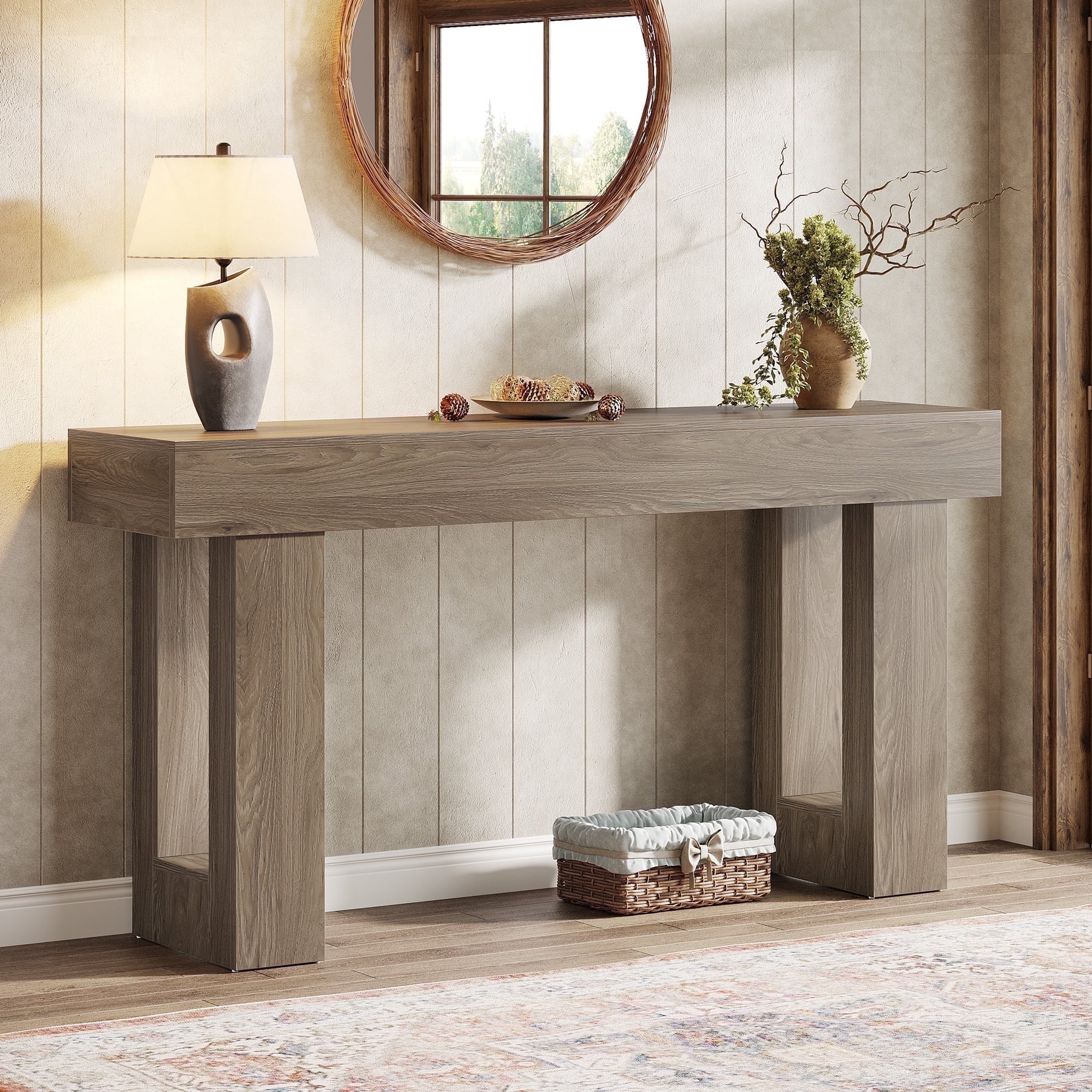 Lantine 63" Long Console Table, 2-Tier Wooden Narrow Rectangular Sofa ...