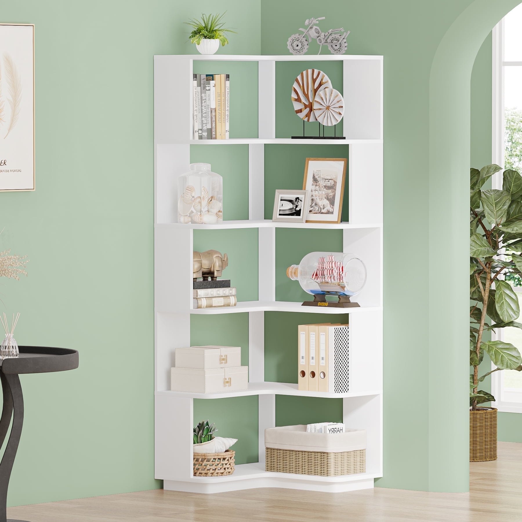 Fnova 64.9" 6 - Tier Industrial Corner Bookshelf， Modern Wood L-Shaped ...