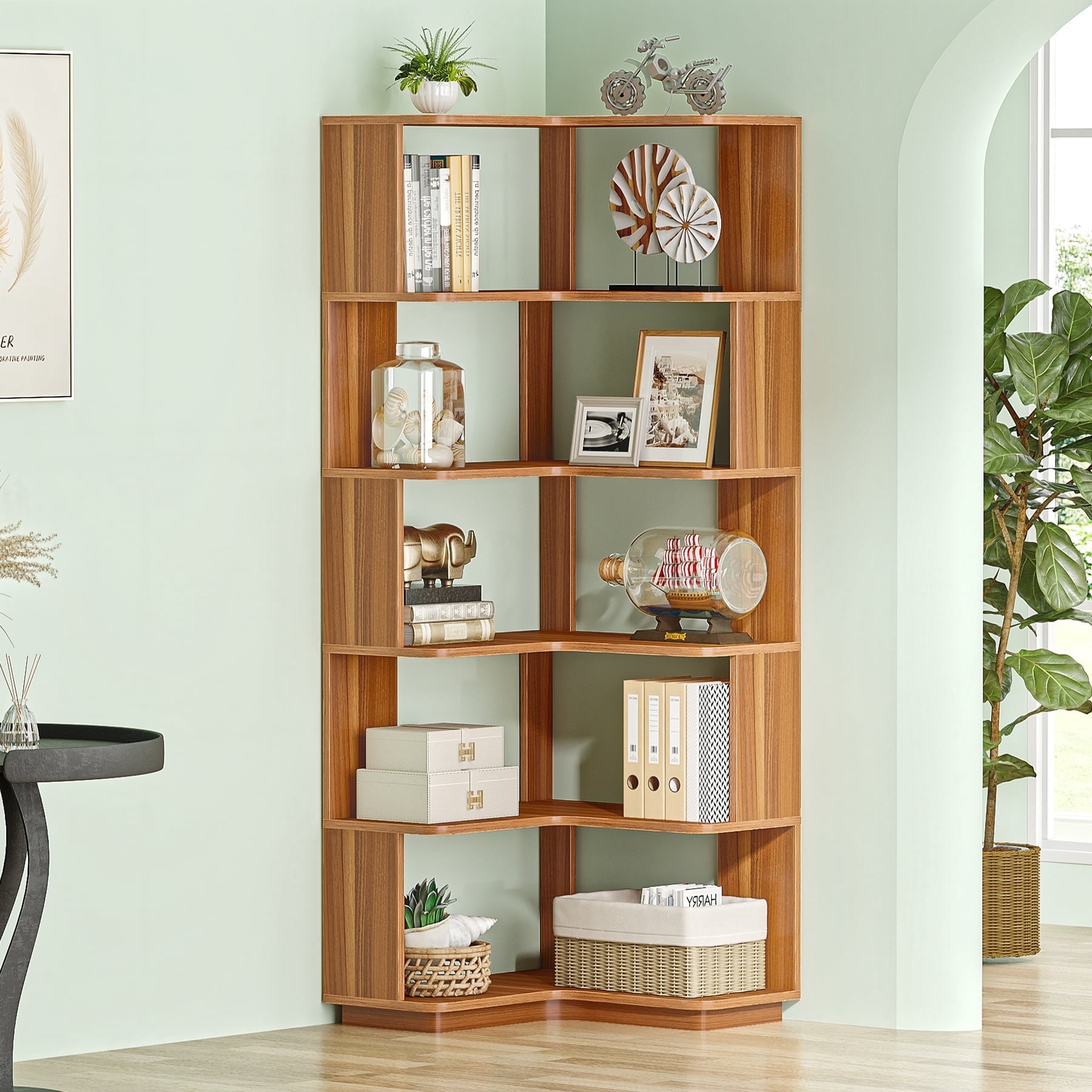 Fnova 64.9" 6 - Tier Industrial Corner Bookshelf， Modern Wood L-Shaped ...
