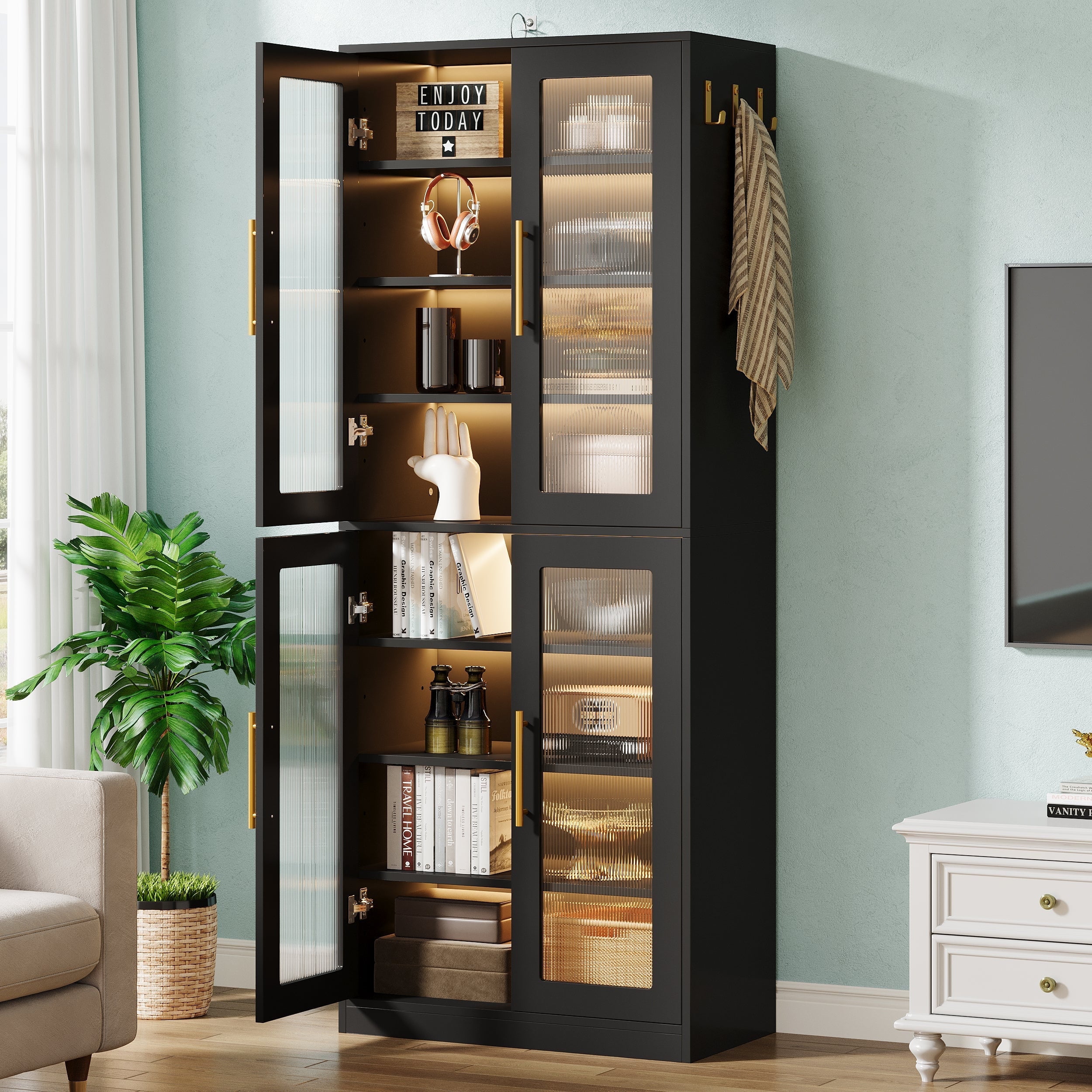 Fnova 66.93" Bookcase with Doors, 8 Tier Storage Cabinet with LED ...