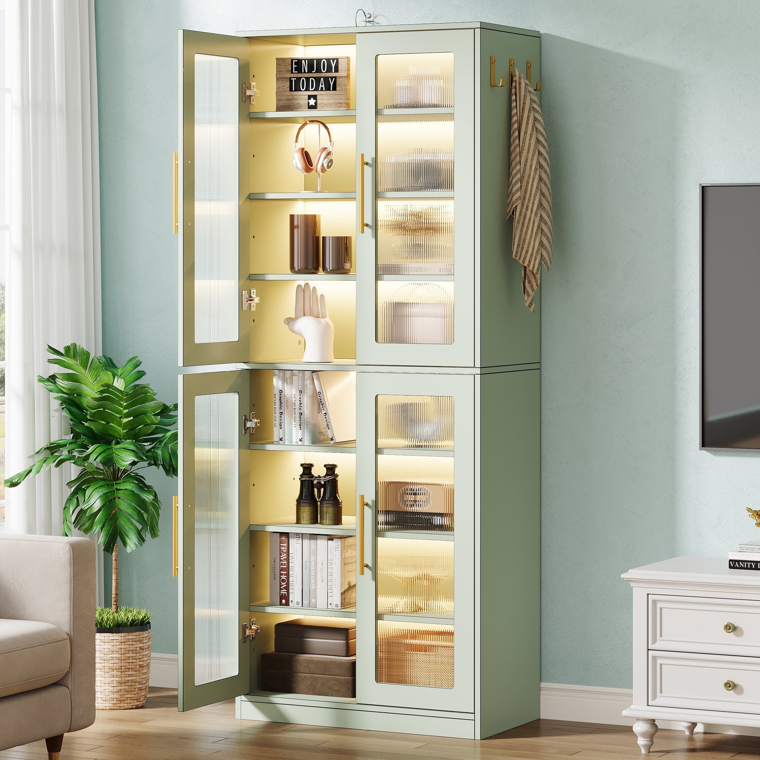 Fnova 66.93" Bookcase with Doors, 8 Tier Storage Cabinet with LED ...