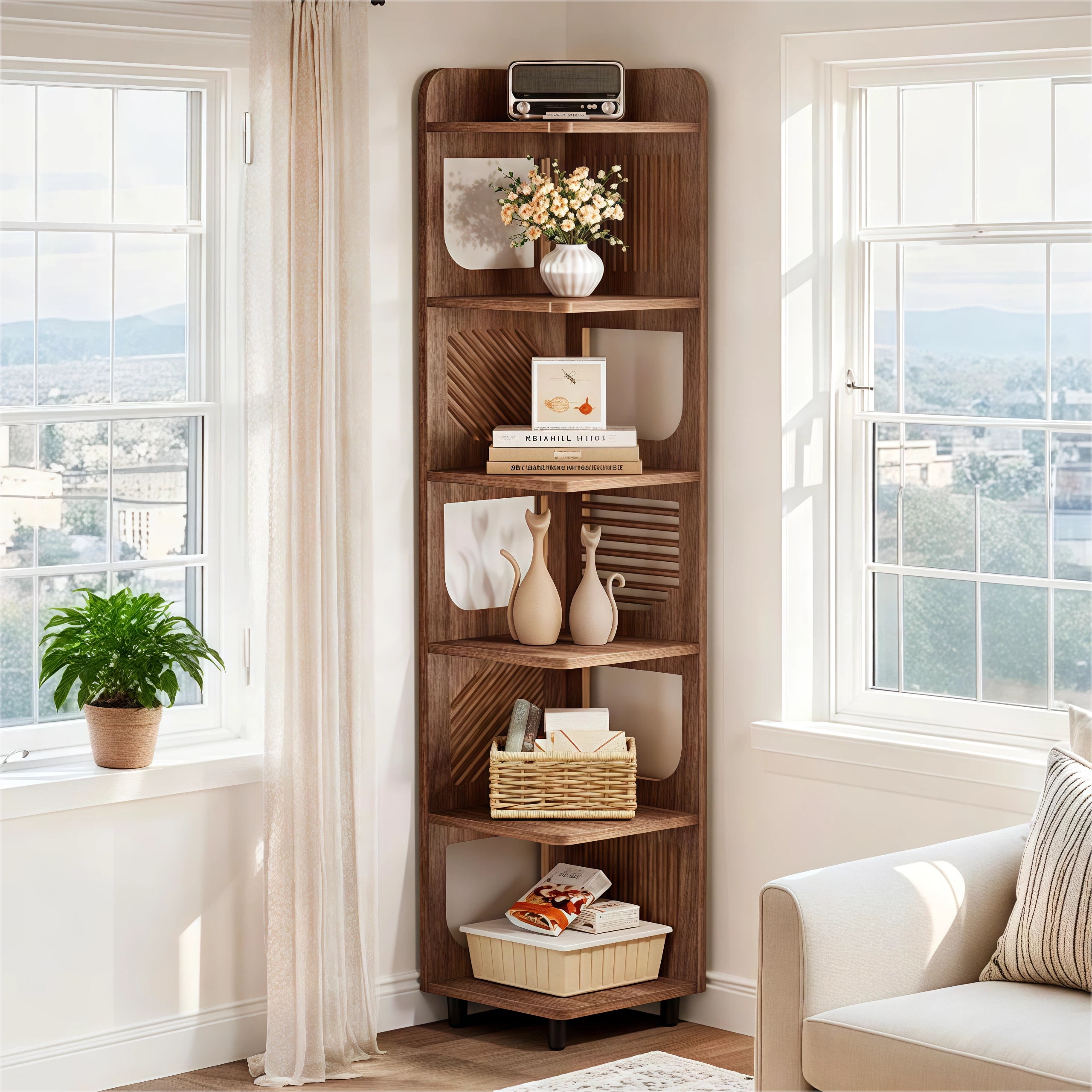 Fnova 71" 6-Tier Tall Corner Bookshelf, Rustic Wooden Narrow Corner ...