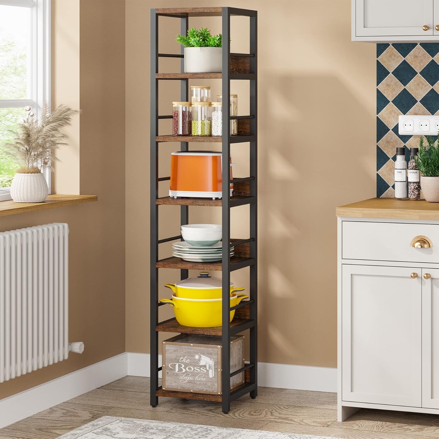 Fnova 75" 6-Tier Corner Bookshelf, Tall Narrow Rustic Wood Open Storage ...