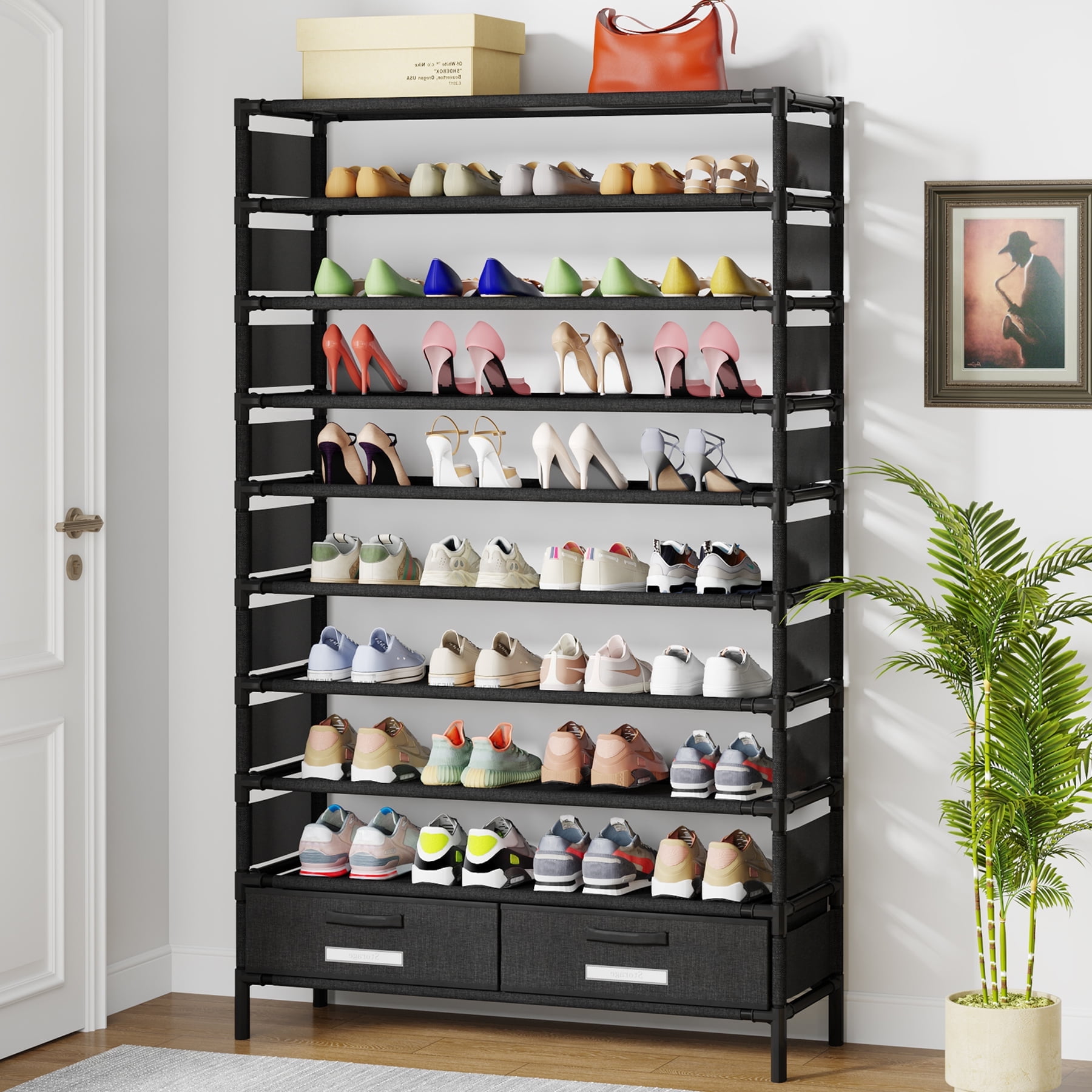 Lantine 8-Layer High Shoe Rack with 2 Storage Drawers, Tall Shoe Shelf ...