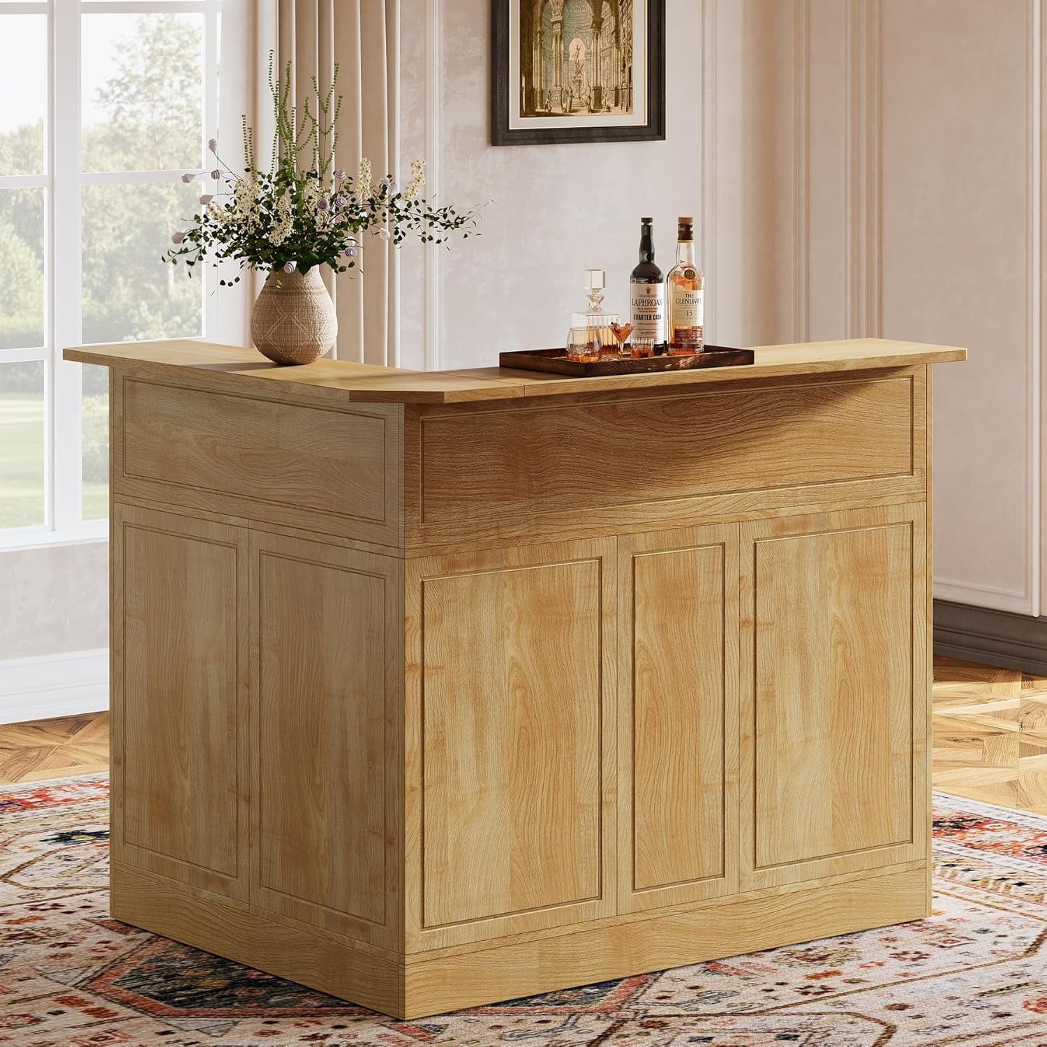 Lantine Bar Table, L-Shaped Home Pub Table with Stemware Racks, 4-Tier ...