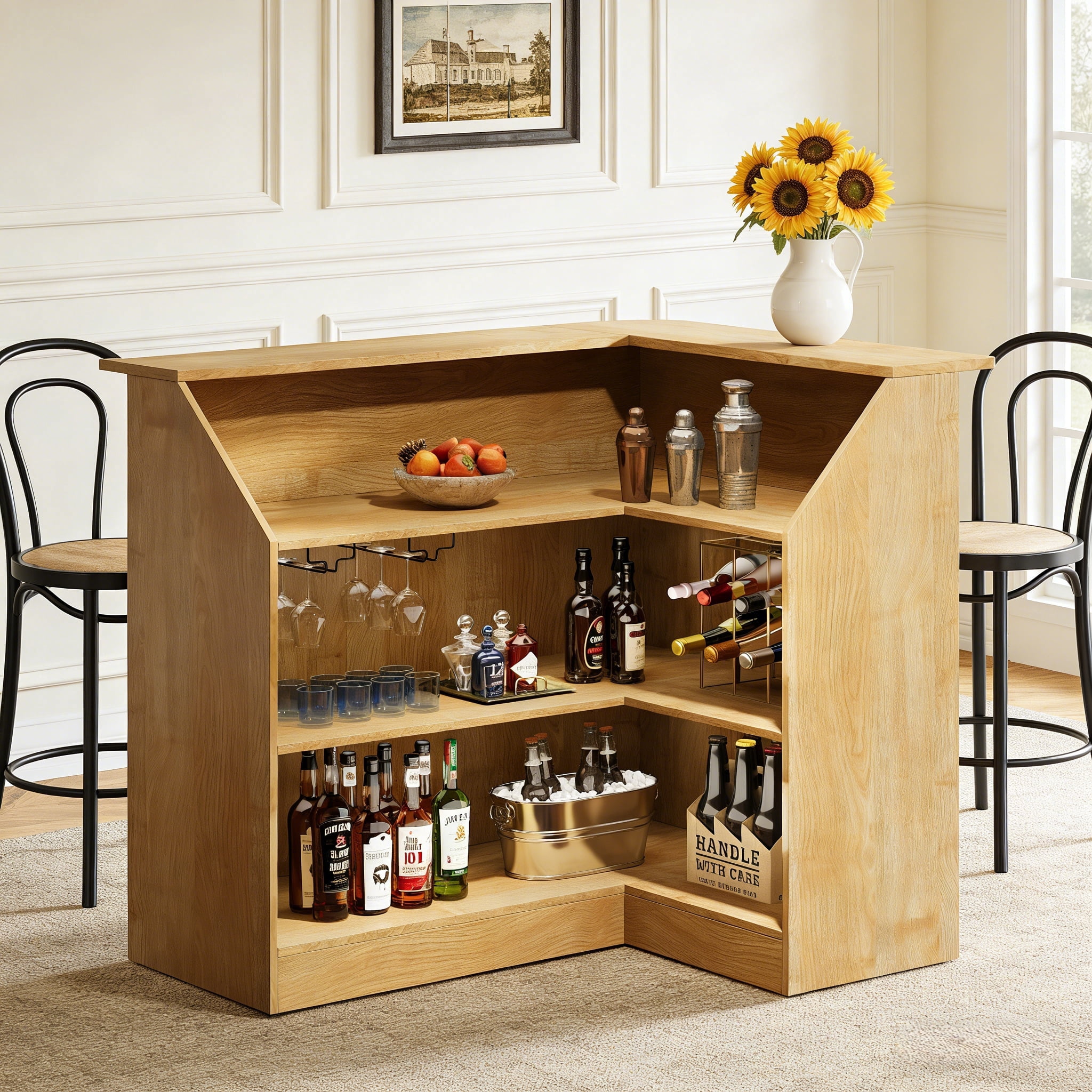 Fnova Bar Table, L-Shaped Home Pub Table with Stemware Racks, 4-Tier ...