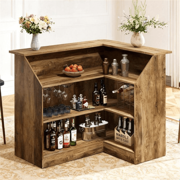Fnova Bar Table, L-Shaped Home Pub Table with Stemware Racks, 4-Tier ...