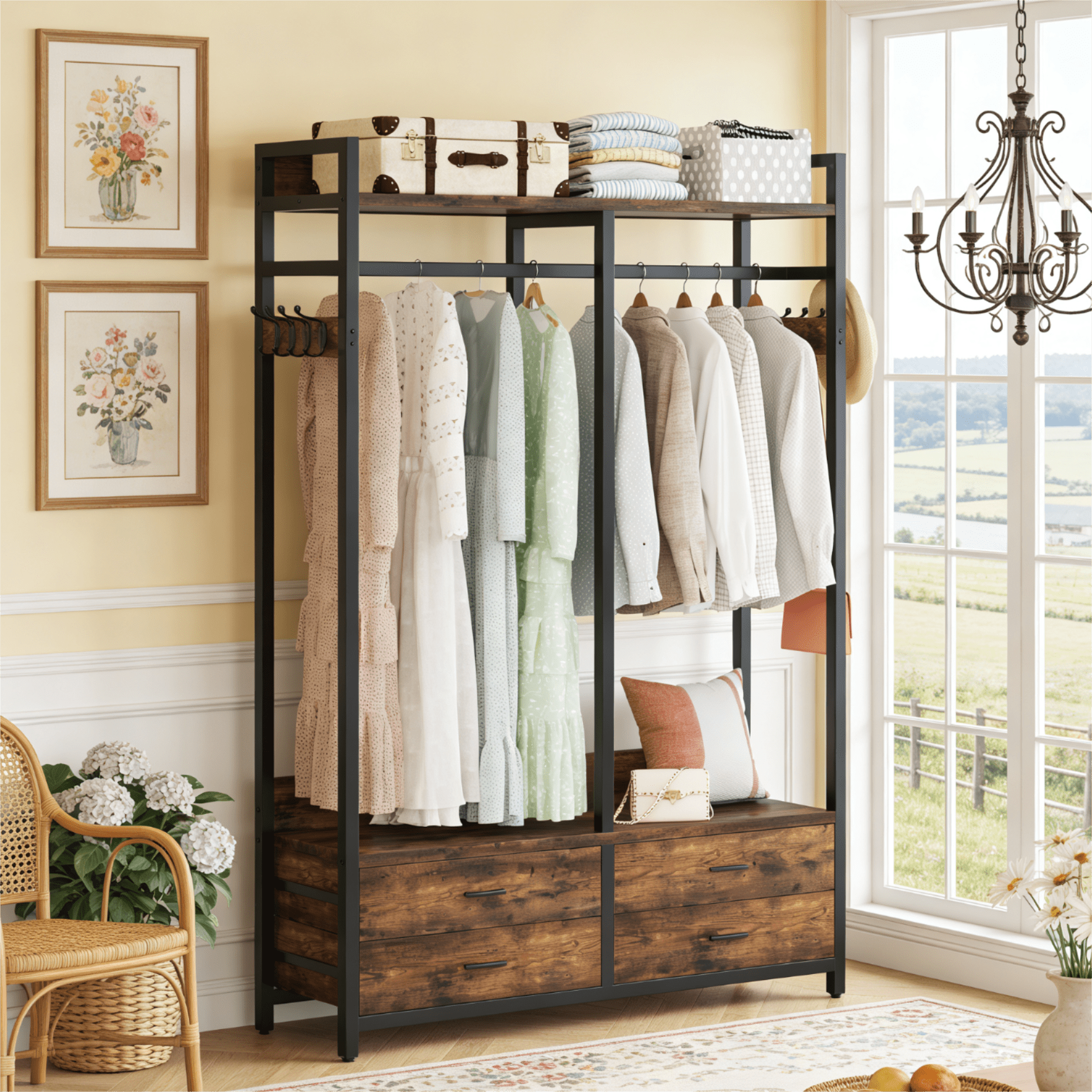 Fnova Clothes Rack with Shelf and Hanging Rod, 4 Drawers Freestanding ...