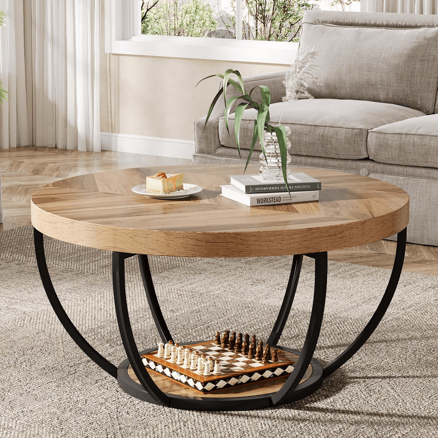 Fnova Coffee Table with 2 - Tier Storage, 32" Round Wood Coffee Table ...