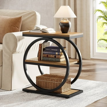HDUTNGISN 2-Tier Round Brown Wood Side Table with Metal Frames,Small ...