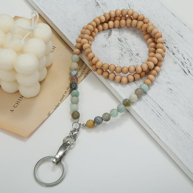Ceiather Beaded Lanyard Necklace for ID Badges, Wood and Gemstone, 36 ...