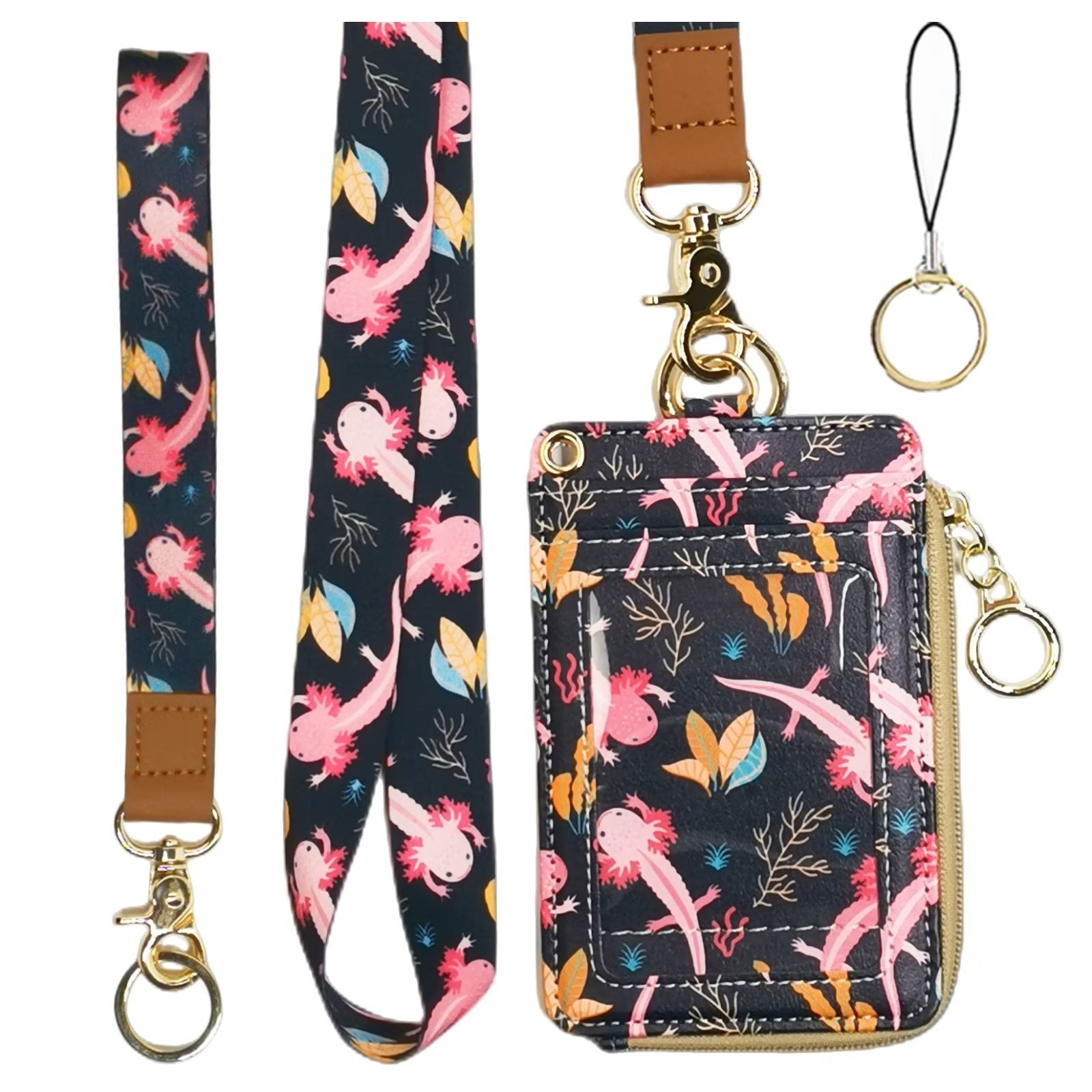 Axolotl Cute Pocket Key Card Holder, Lanyard Wallet with Zip ID Case ...