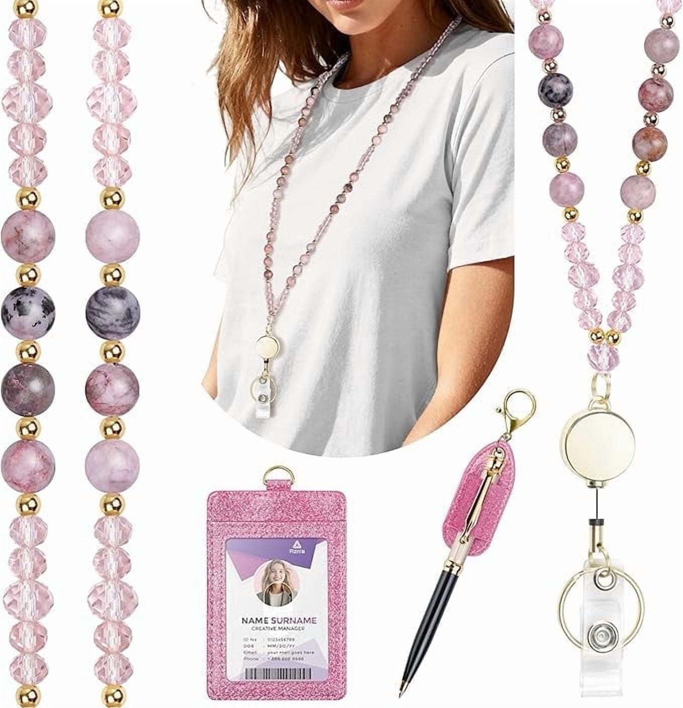 Azrra Natural Stone Beaded Retractable Badge Lanyard with Bling ID ...