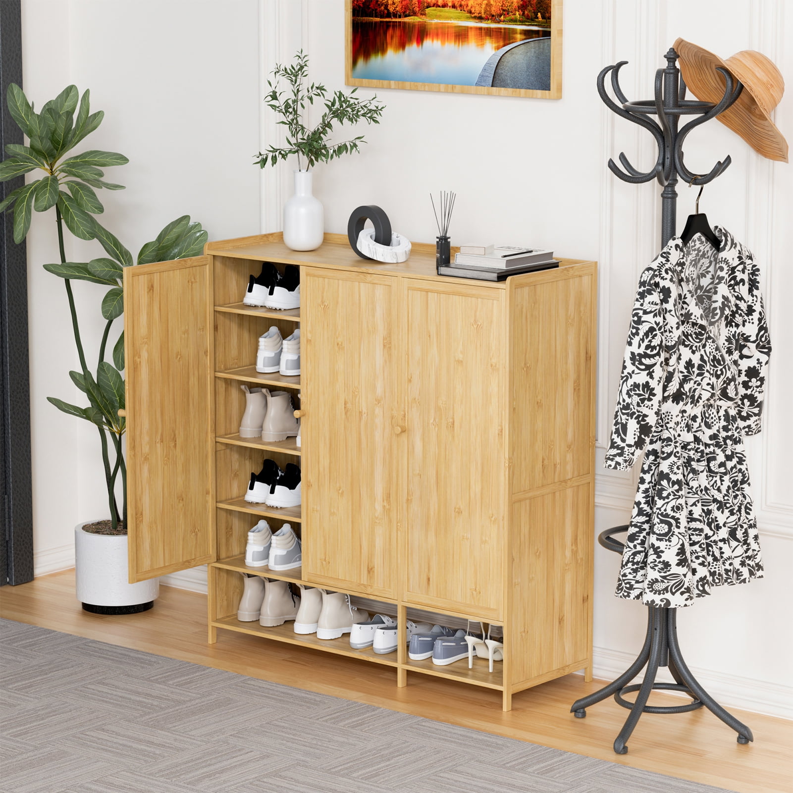 Lanzxjv Natural Bamboo Shoe Cabinet, Shoe Storage Rack with 3 Doors ...