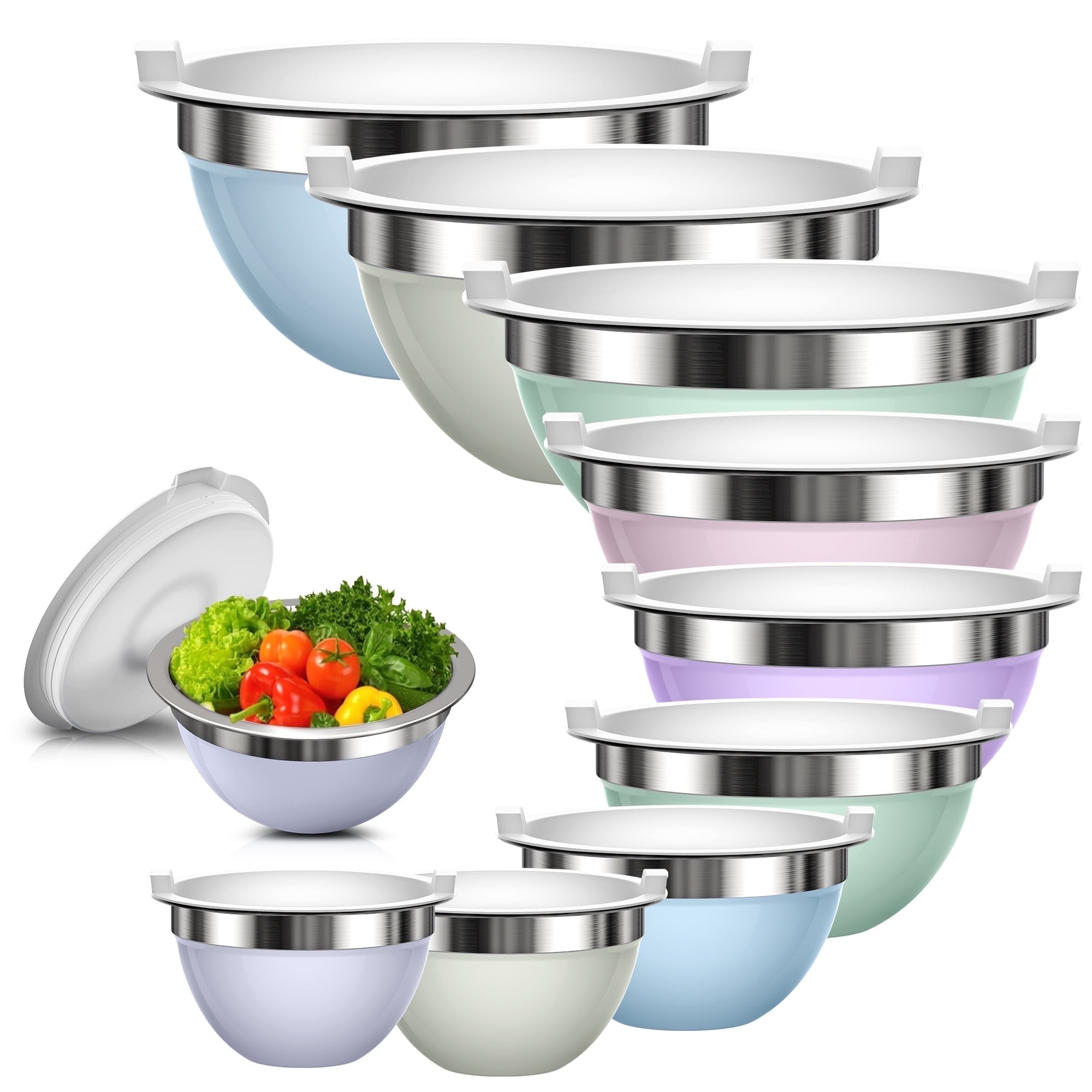 Laoyebaoho Stainless Steel Mixing Bowls with Lids, 9 Pcs Metal Nesting ...
