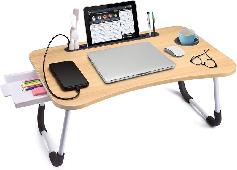 Lap Desk with Tablet Slot, Foldable Laptop Table with Storage Drawer ...