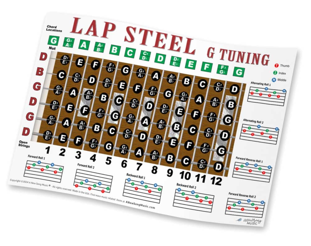 Lap Steel G Tuning Guitar Fretboard Note & Rolls Chart - Beginners ...