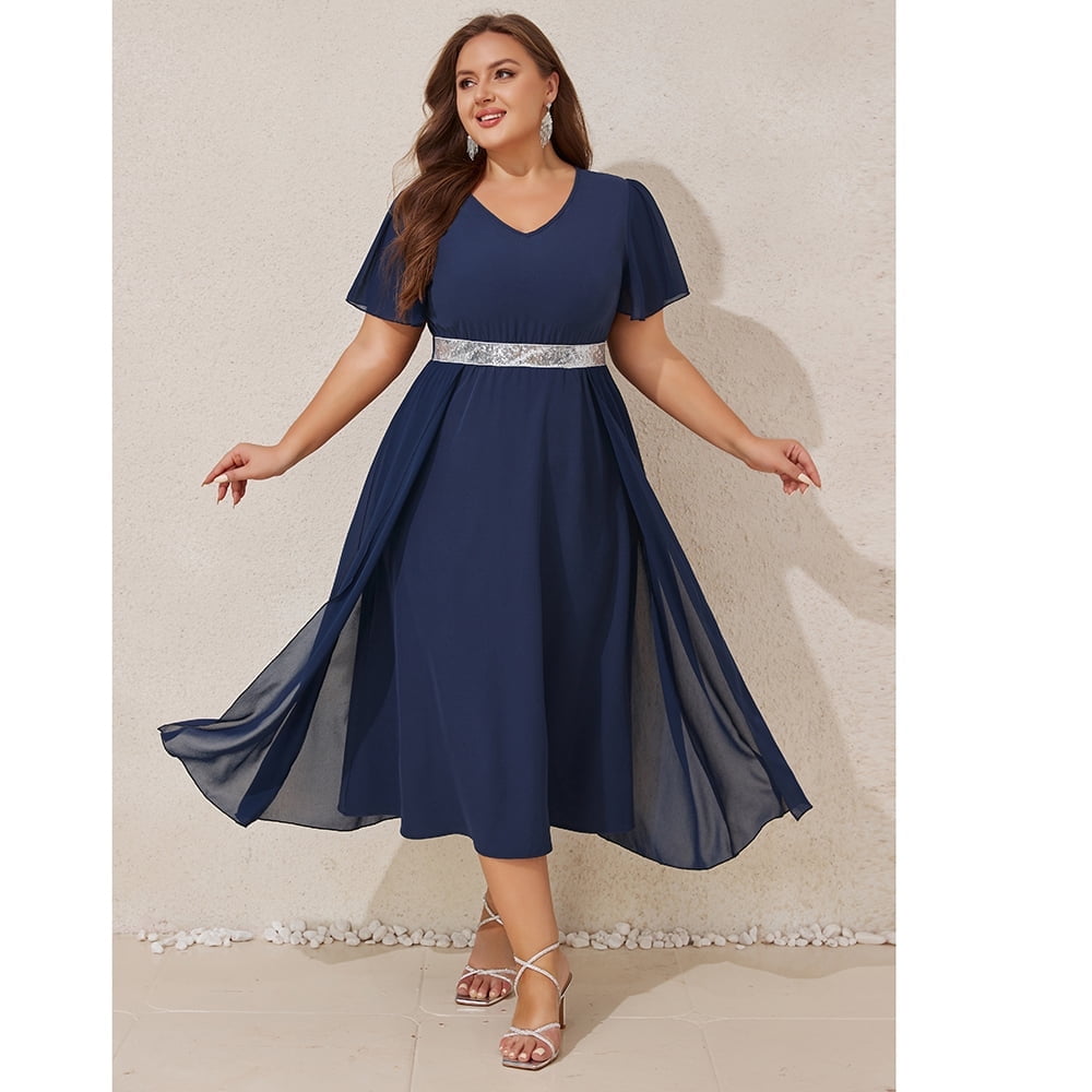 LapaPlus Elegant Navy Blue Dress, Plus Size Dresses, Flattering Party Gown for Women, with ...