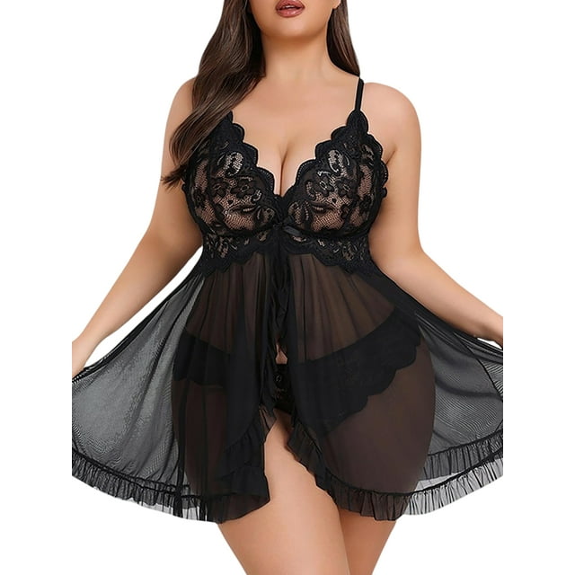 LapaPlus Plus Size Lingerie Sets for Womens XL-5XL Lace Sheer Slit Hem Babydoll Chemise ...