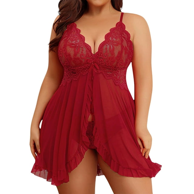 LapaPlus Plus Size Lingerie Sets for Womens XL-5XL Lace Sheer Slit Hem Chemise Nightdress with ...