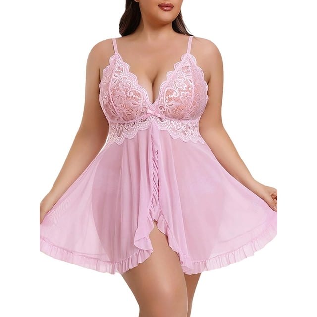 LapaPlus Plus Size Lingerie Sets for Womens XL-5XL Lace Sheer Slit Hem Babydoll Chemise ...