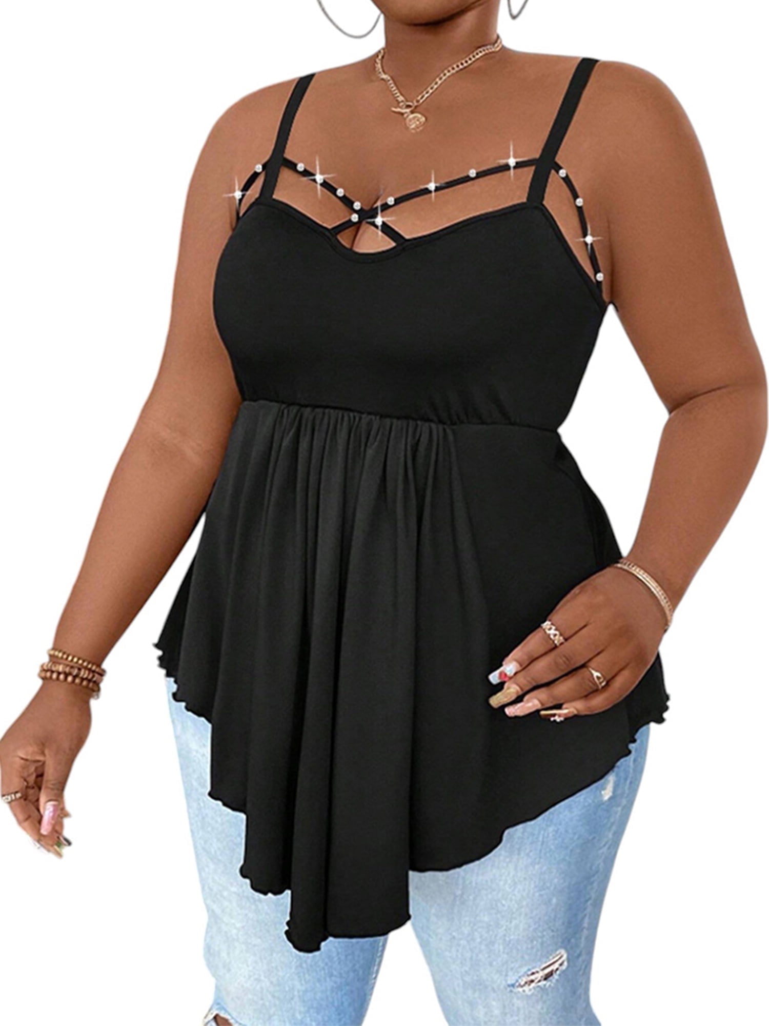 LapaPlus Spaghetti Strap Tank Tops for Women Beaded Trendy Asymmetrical ...