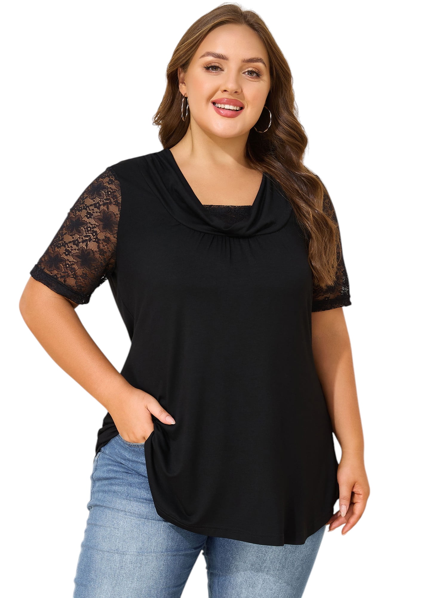 LapaPlus Plus Size Tops for Women Swinging Collar Lace Short Sleeve ...