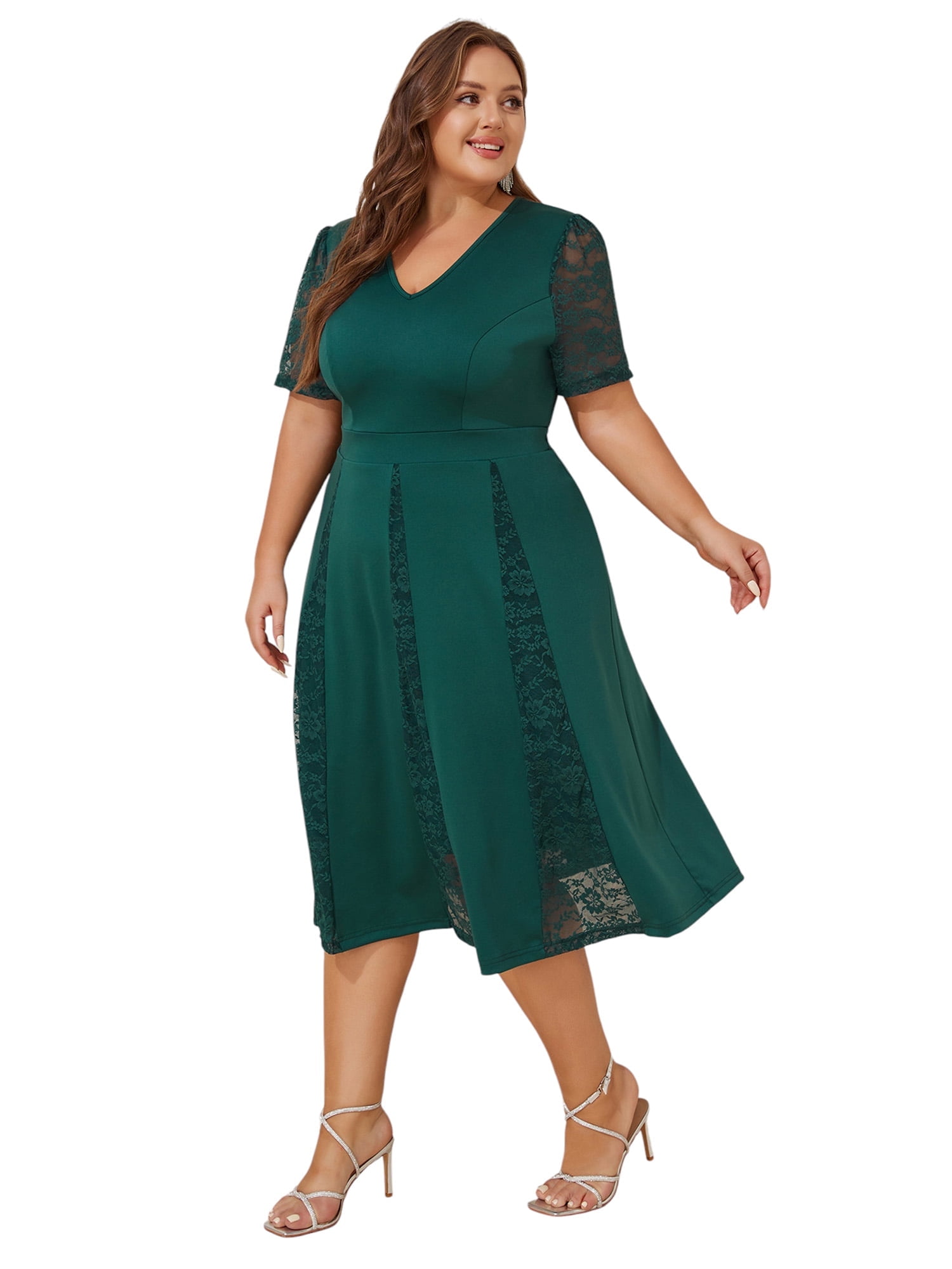 LapaPlus Plus Size Wedding Guest Dress for Women Lace Trimmed Lined Formal Maxi Dress for Party ...