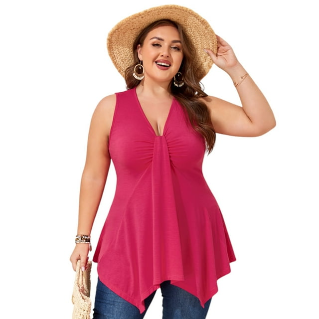 LapaPlus Summer Tank Top for Women Plus Size Loose Flowy Chest Pleated Bow Fashion Camisole ...