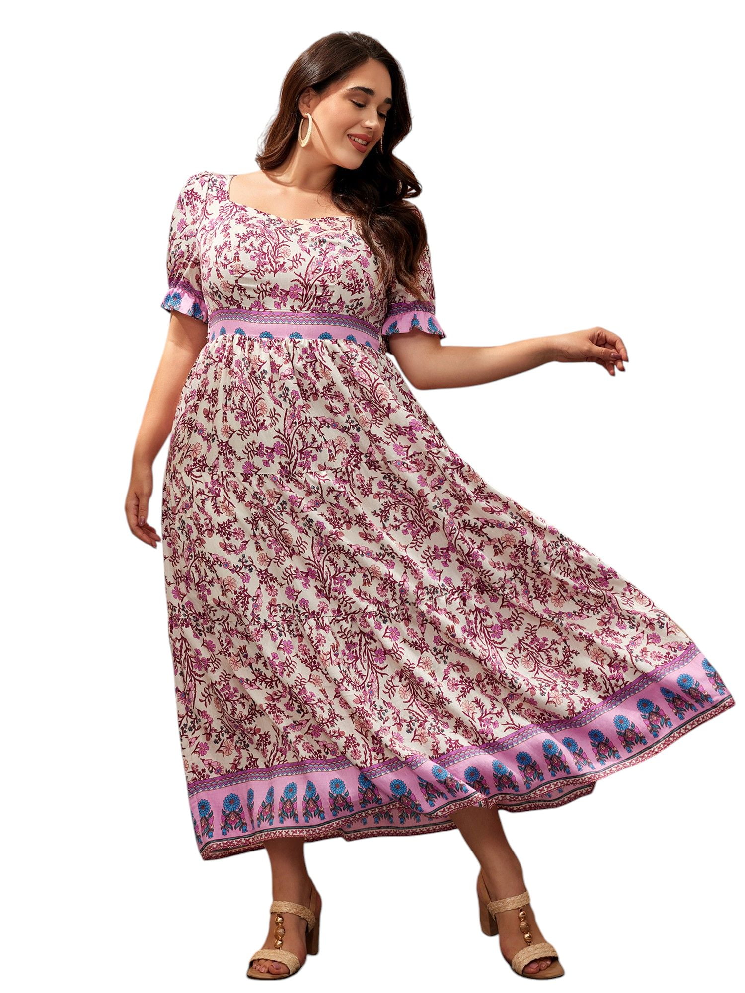 LapaPlus Women Plus Size Dresses Boho Floral Print Short Sleeve Summer ...