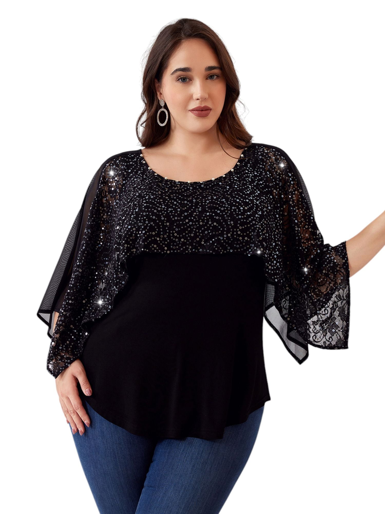 LapaPlus Women Plus Size Tops Elegant Sequins Shirt Lace Half Sleeve ...