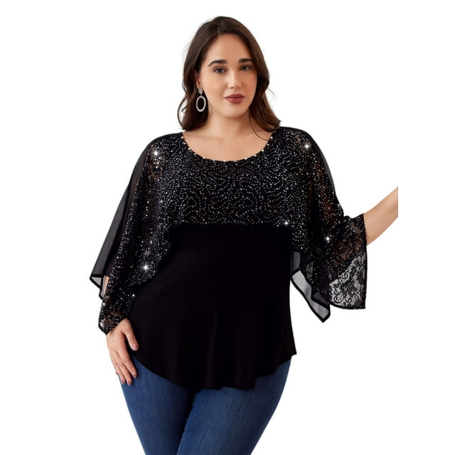 LapaPlus Women Plus Size Tops Elegant Sequins Shirt Lace Half Sleeve ...