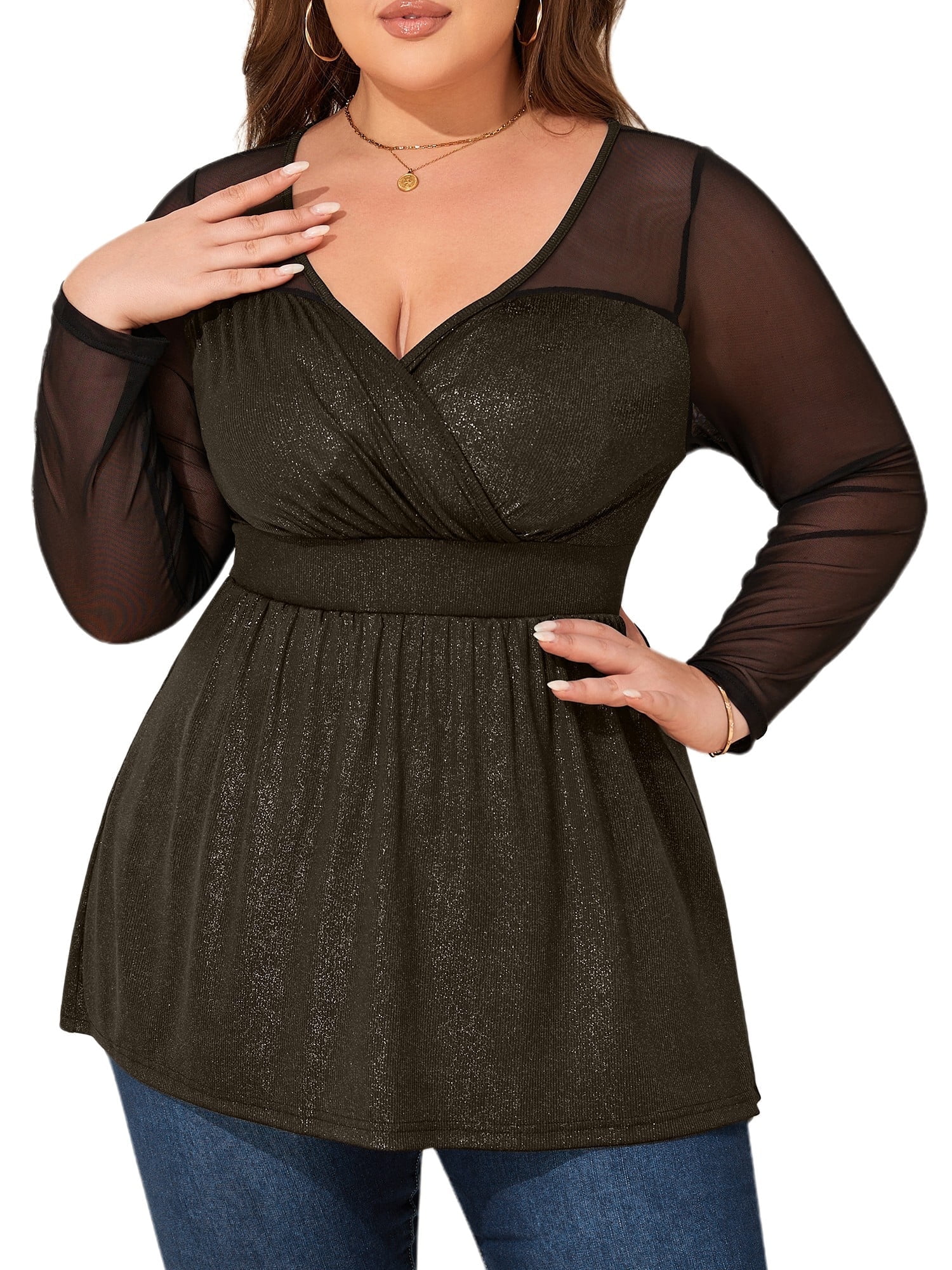 LapaPlus Women Plus Size Tops XL-6XL Long Sleeve Sheer Mesh Peplum ...