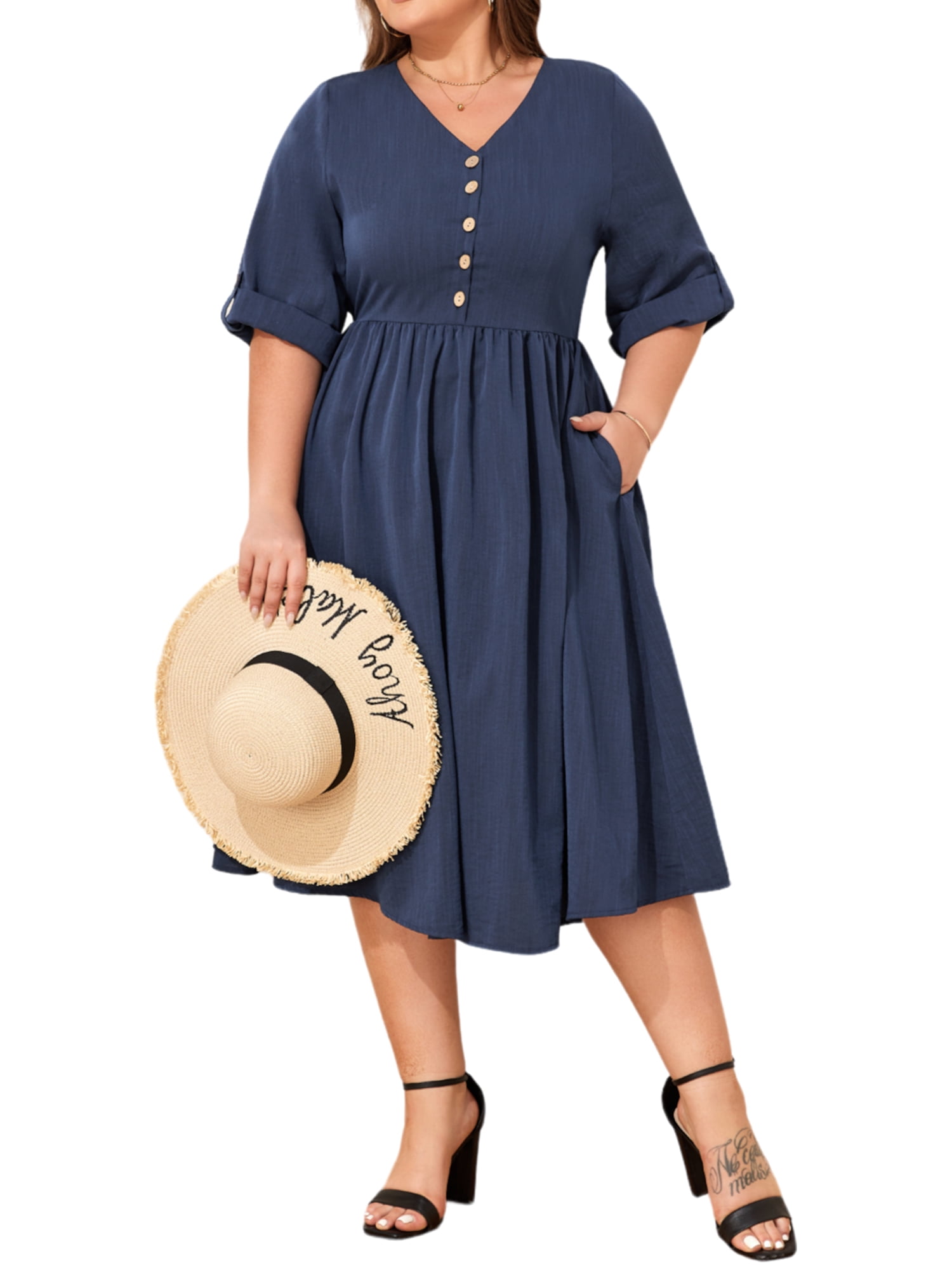 LapaPlus Womens Plus Size Casual Dress 3/4 Sleeve V Neck Buttons A-Line ...