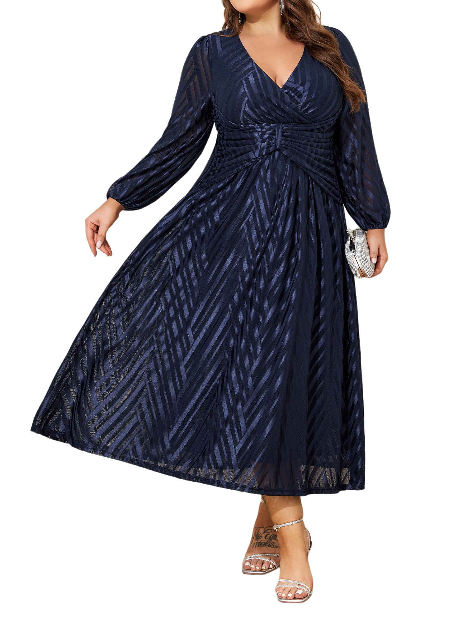 LapaPlus Womens Plus Size Elegant Midi Long Sleeve Jacquard Mesh ...