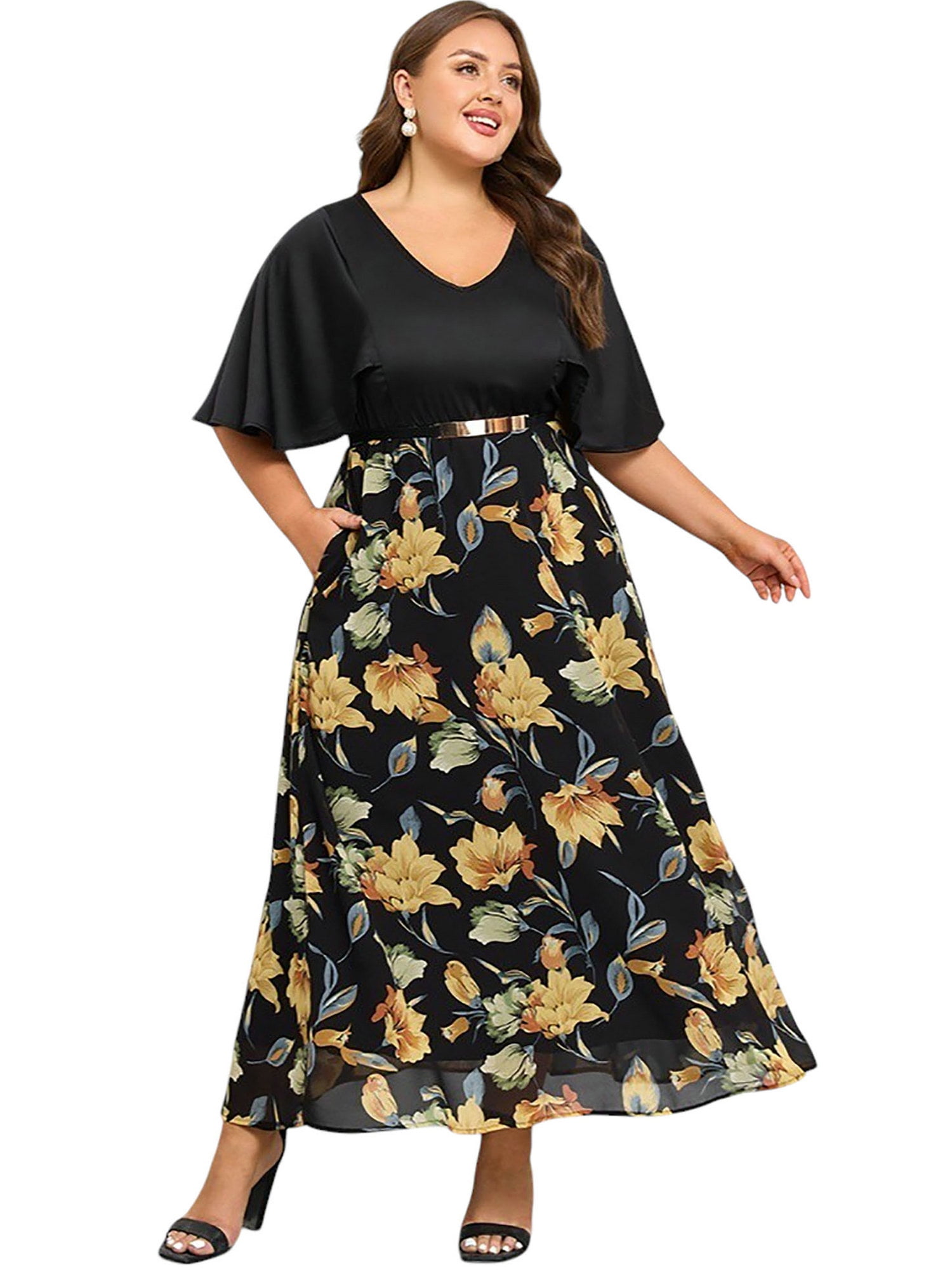 LapaPlus Womens Plus Size Floral Maxi Dress Short Sleeve Belted Chiffon ...