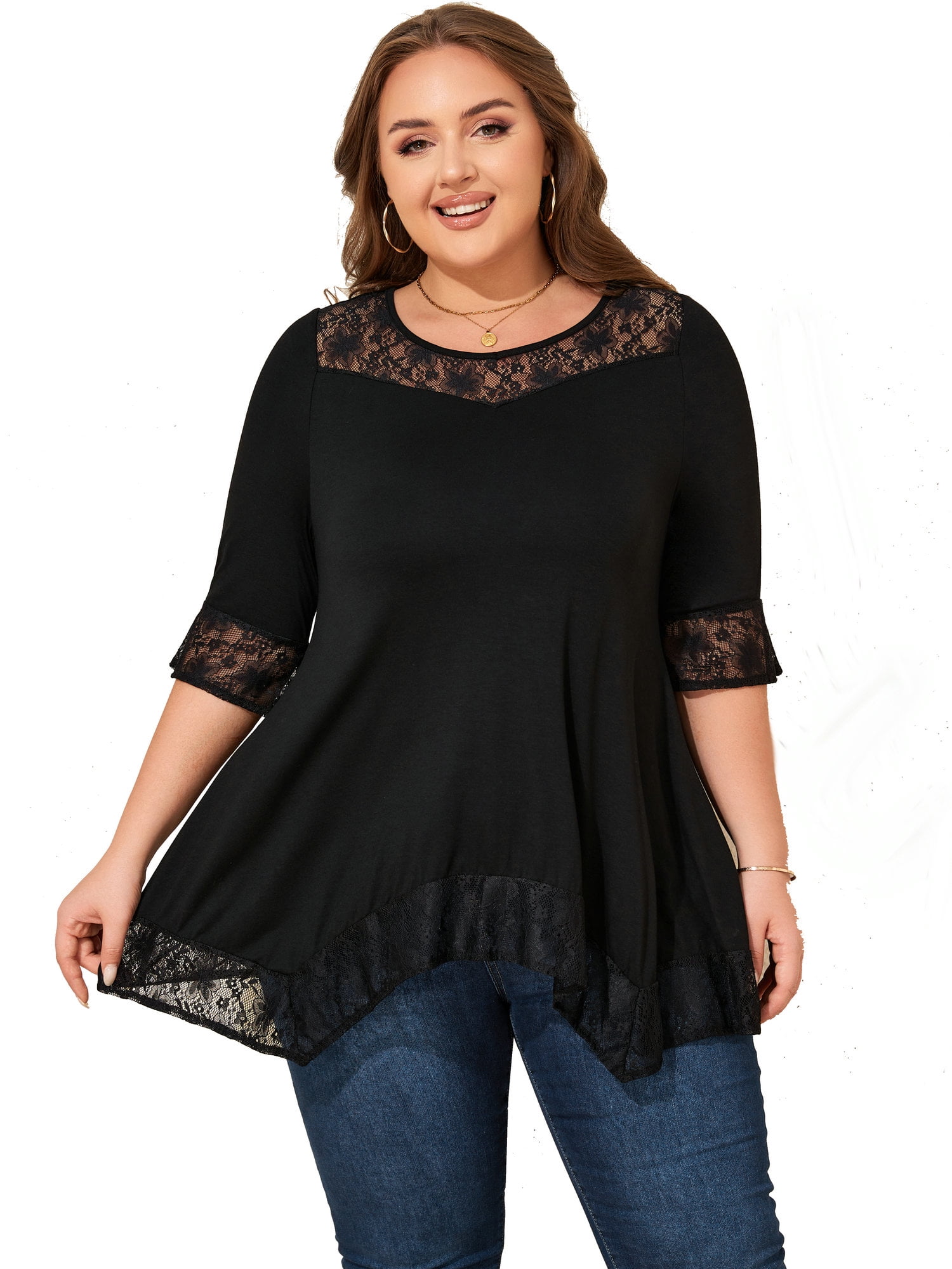 LapaPlus Womens Tops, Lace Tops for Women, Black, XL-6XL, Plus Size ...
