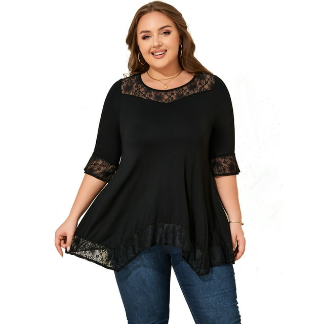 LapaPlus Womens Tops, Lace Tops for Women, Black, XL-6XL, Plus Size ...