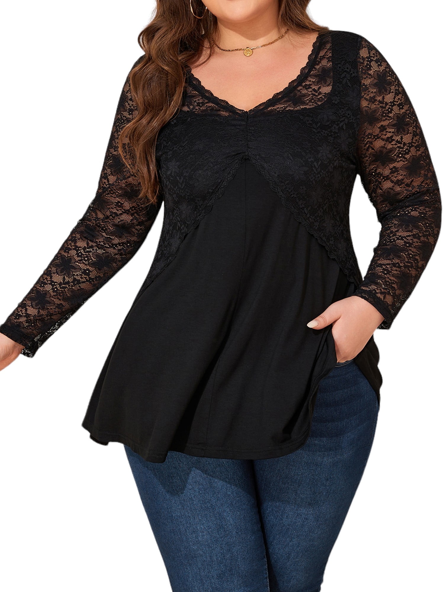 LapaPlus Womens Tops, Plus Size Tops for Women, Lace Long Sleeve Tunic ...
