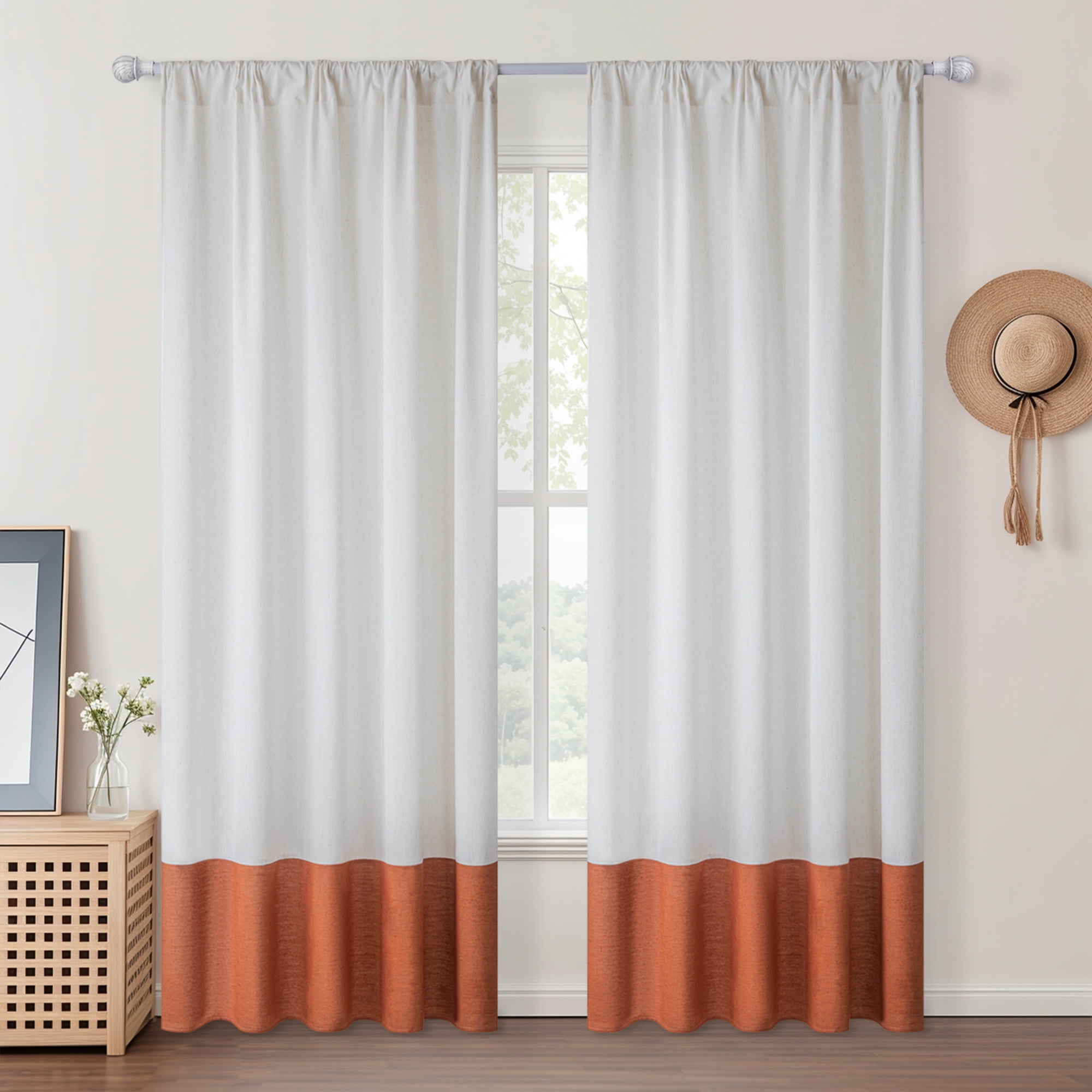 Lapalife 2 Panels Linen Color Block Curtains, Rod Pocket Vintage Window ...