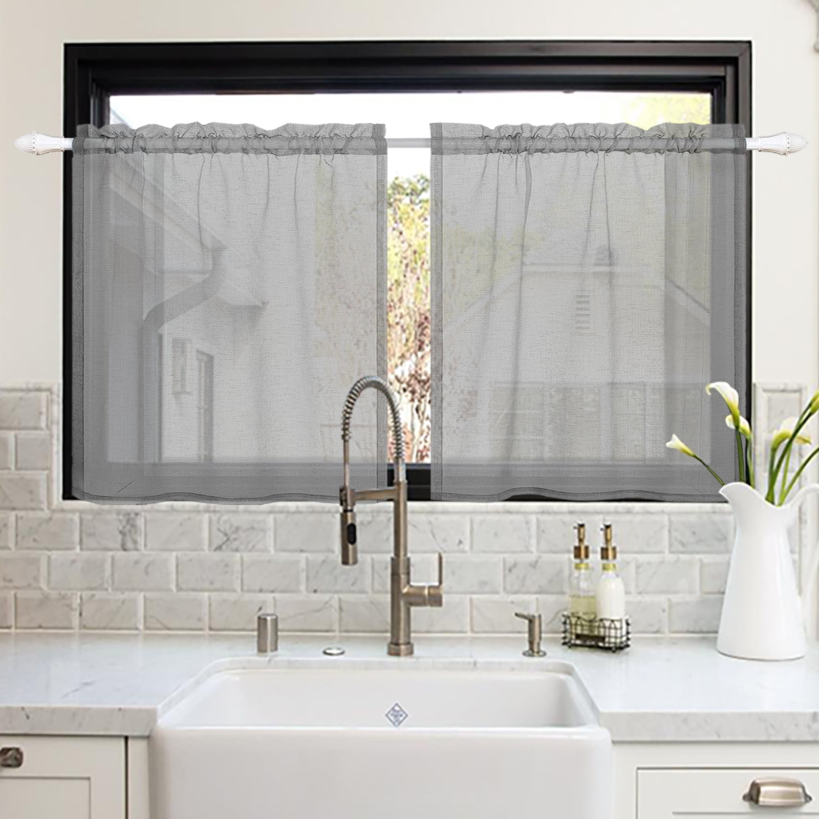 LAPA Life Sheer Kitchen Curtains, 36 inch, Light Grey, Waterproof, Rod ...