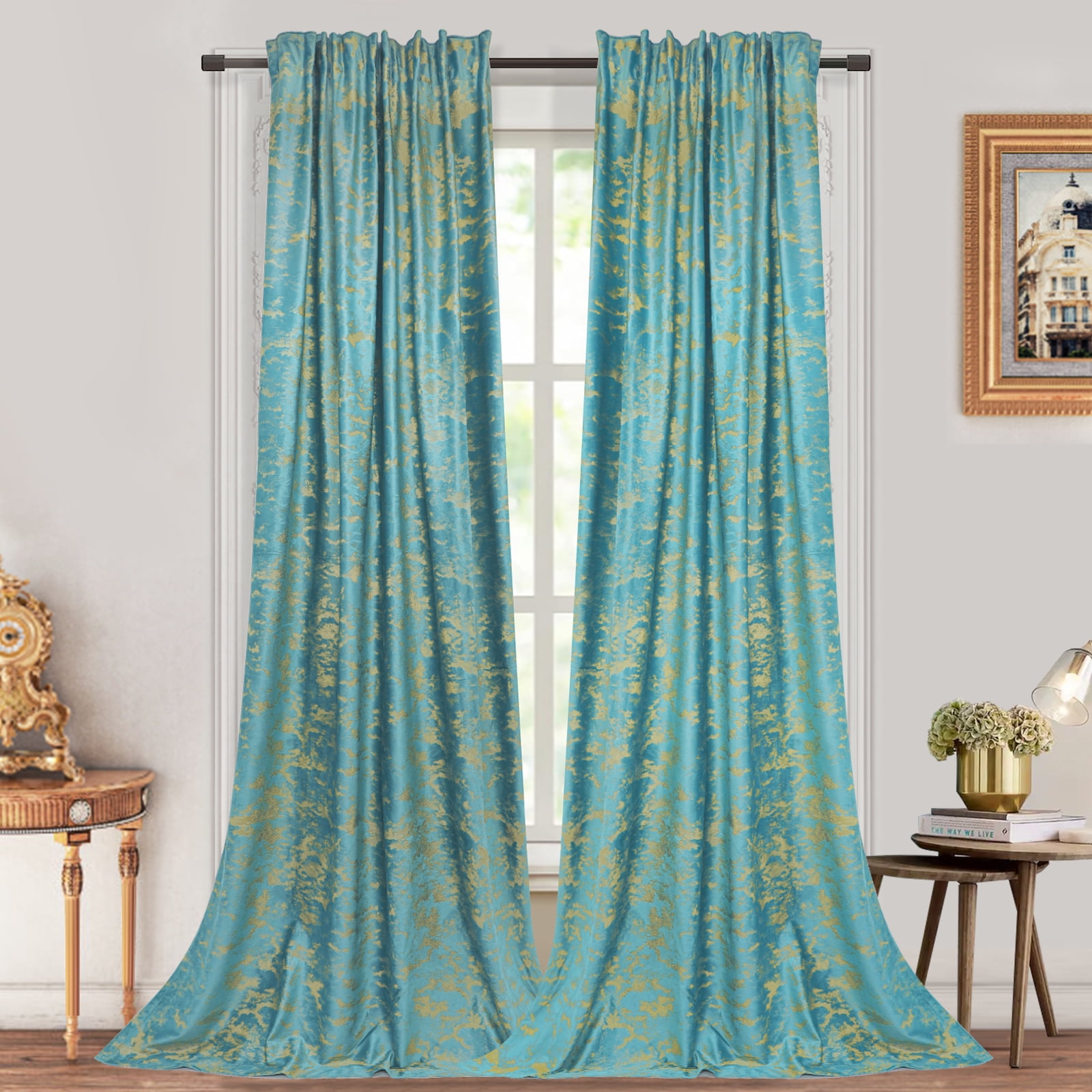 Lapalife 2 Panels Velvet Blackout Curtains 52x96inch Gold Print Thermal Insulated Curtain for Living Room Bedroom Teal Blue Walmart