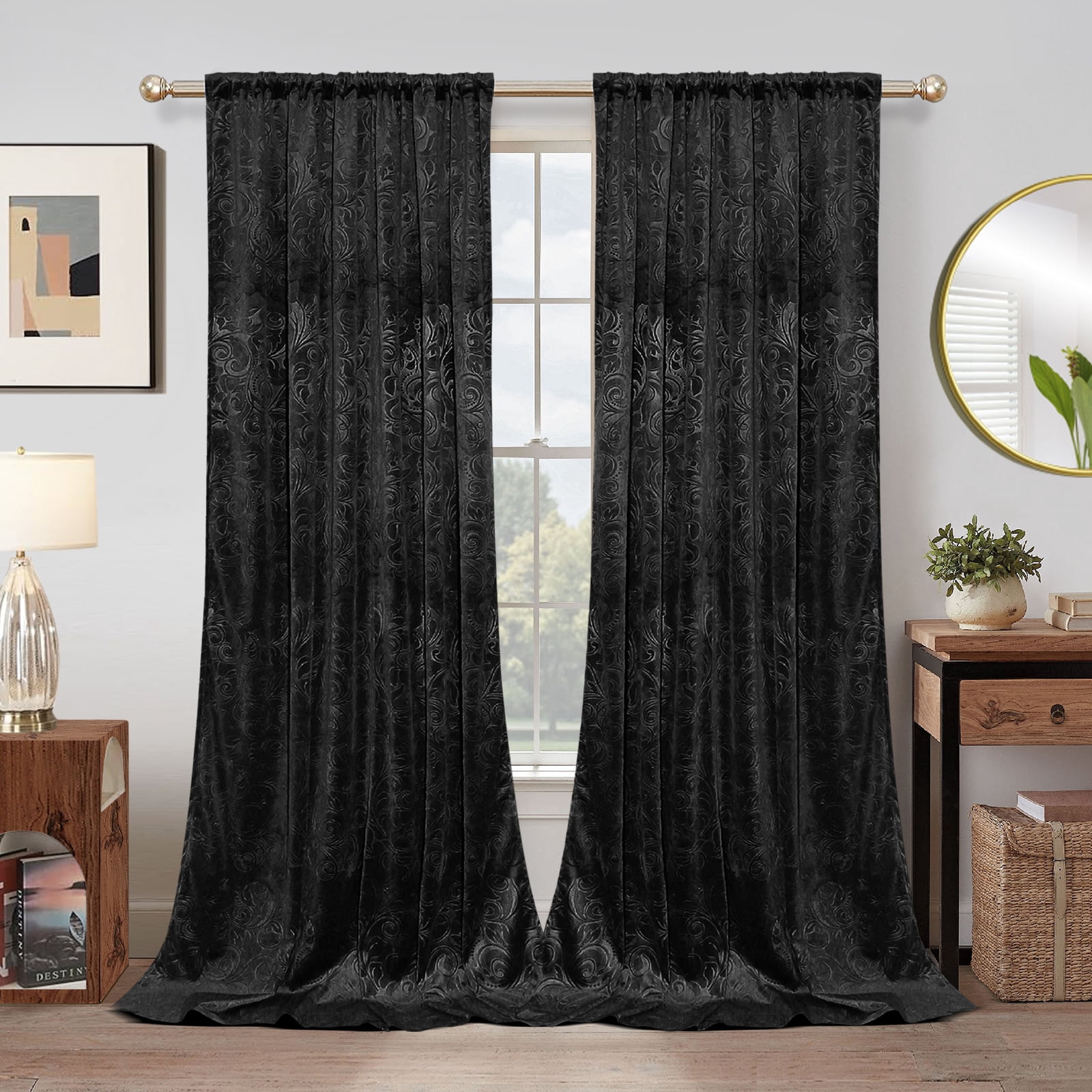 Lapalife Blackout Velvet Curtains, Scroll Floral Pattern Rod Pocket ...