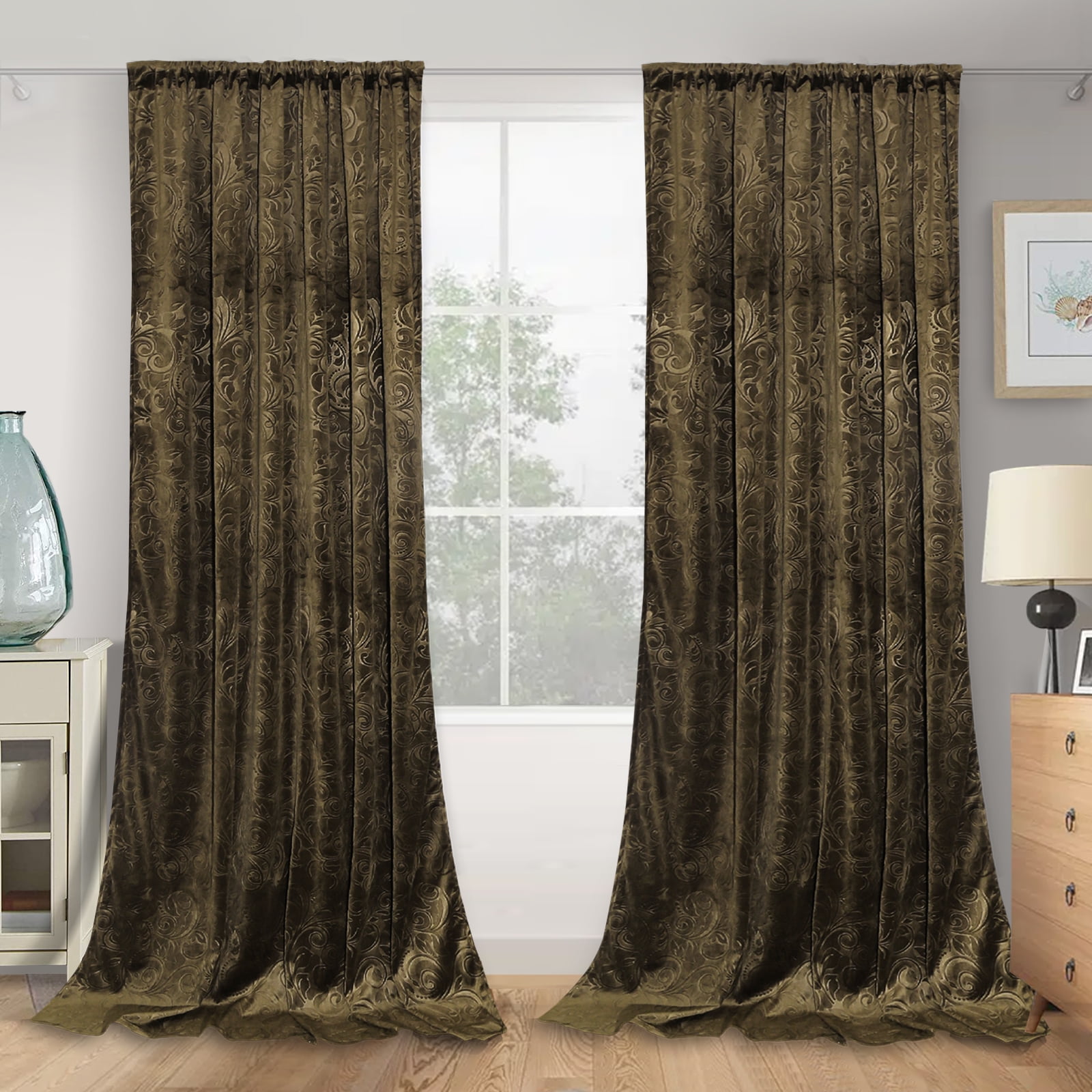 Lapalife Blackout Velvet Curtains, Scroll Floral Pattern Rod Pocket ...