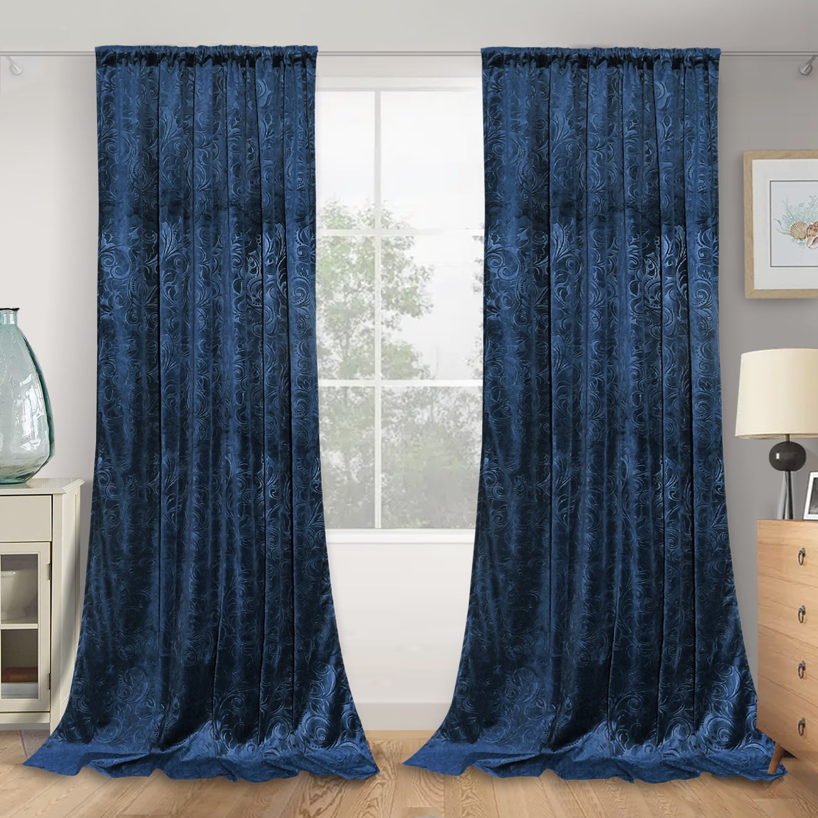 Lapalife Blackout Velvet Curtains, Scroll Floral Pattern Rod Pocket ...