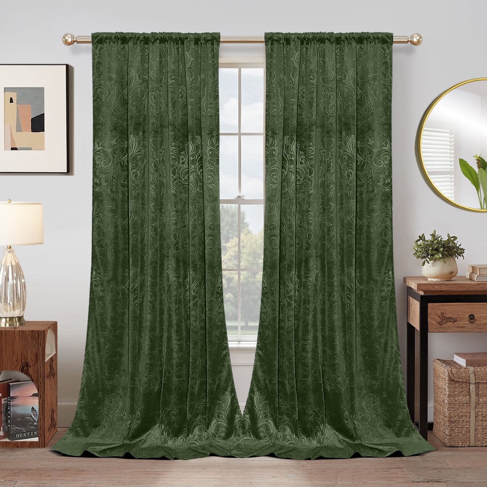 Lapalife Blackout Velvet Curtains, Scroll Floral Pattern Rod Pocket ...