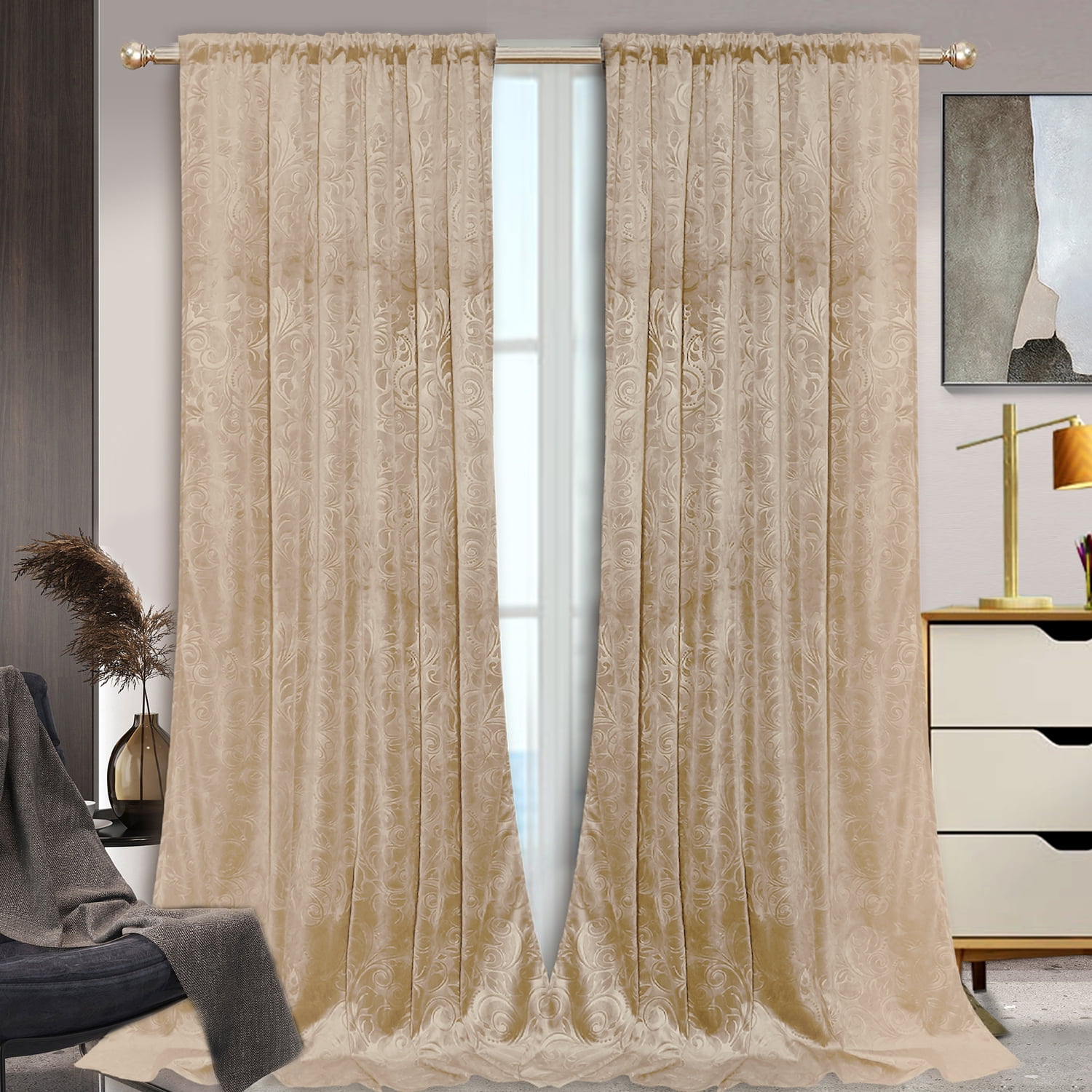 Lapalife Blackout Velvet Curtains, Scroll Floral Pattern Rod Pocket ...