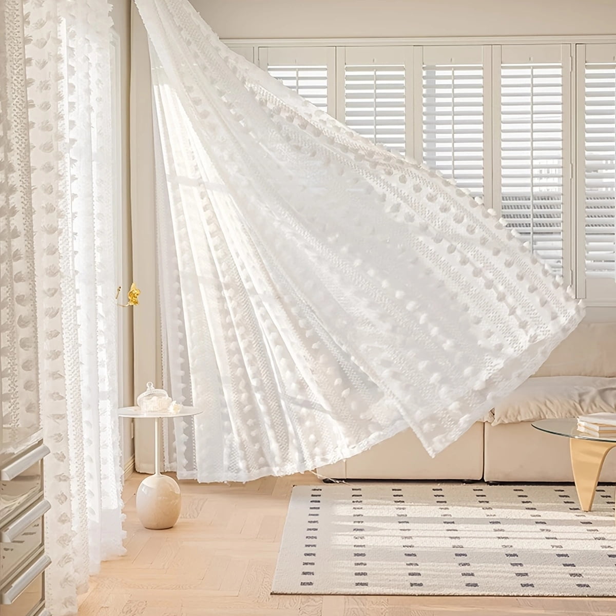 LAPA Life Contemporary White PomPom Boho Rod Pocket Sheer Curtains, 52 ...