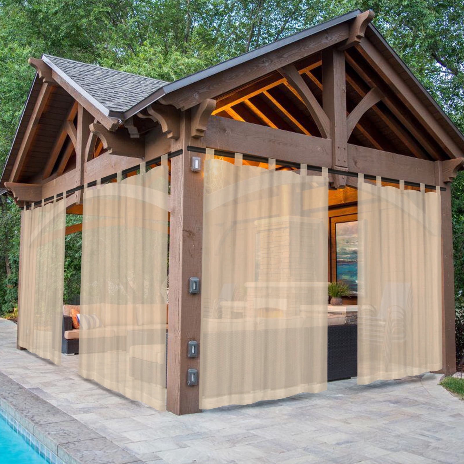 LAPA Life Outdoor Sheer Curtains, Waterproof Voile, Sticky Tab Top, Khaki, 52x84 Inches ...