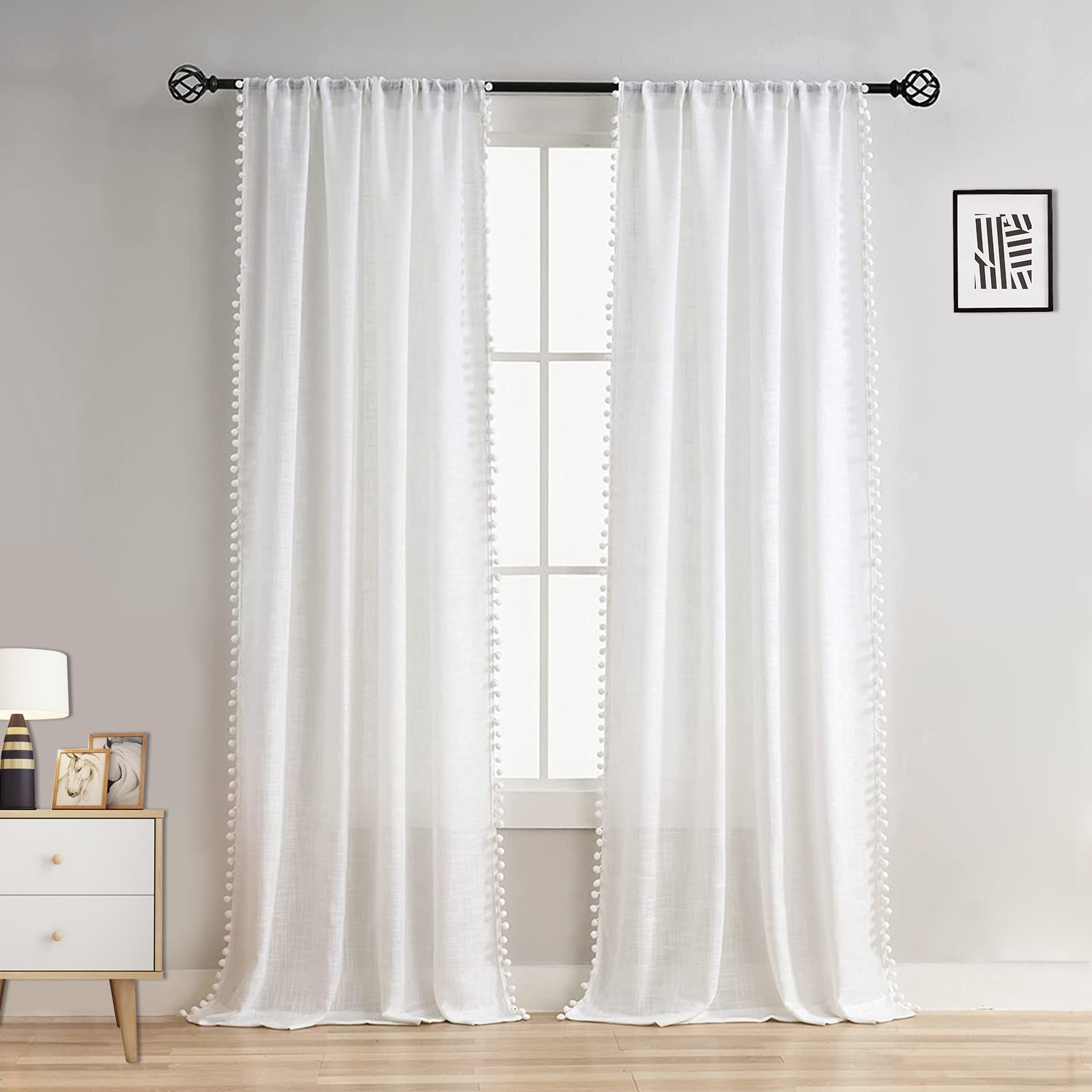 Lapalife Pom Pom Tasseled Sheer Curtains Rod Pocket Voile Curtains for ...